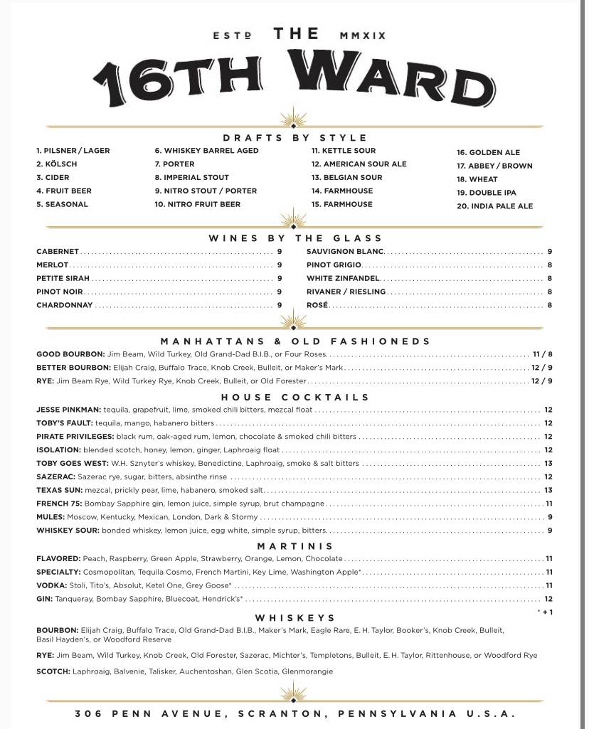 Menu at The 16th Ward pub & bar, Scranton