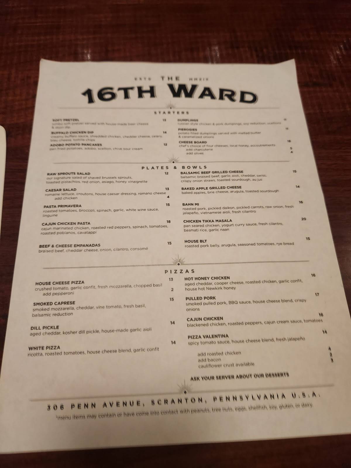 Menu at The 16th Ward pub & bar, Scranton