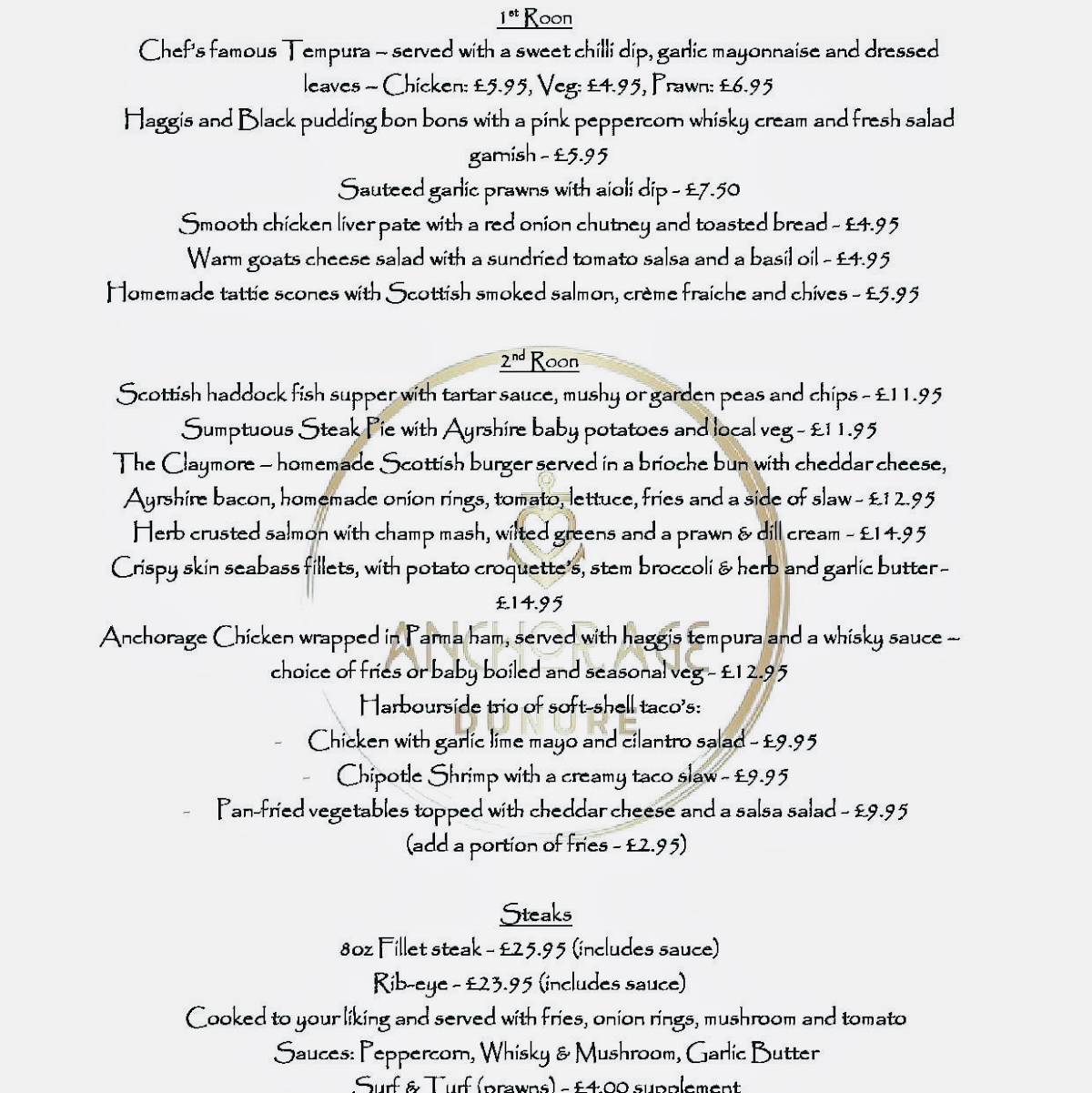 Menu at The Anchorage restaurant, Dunure
