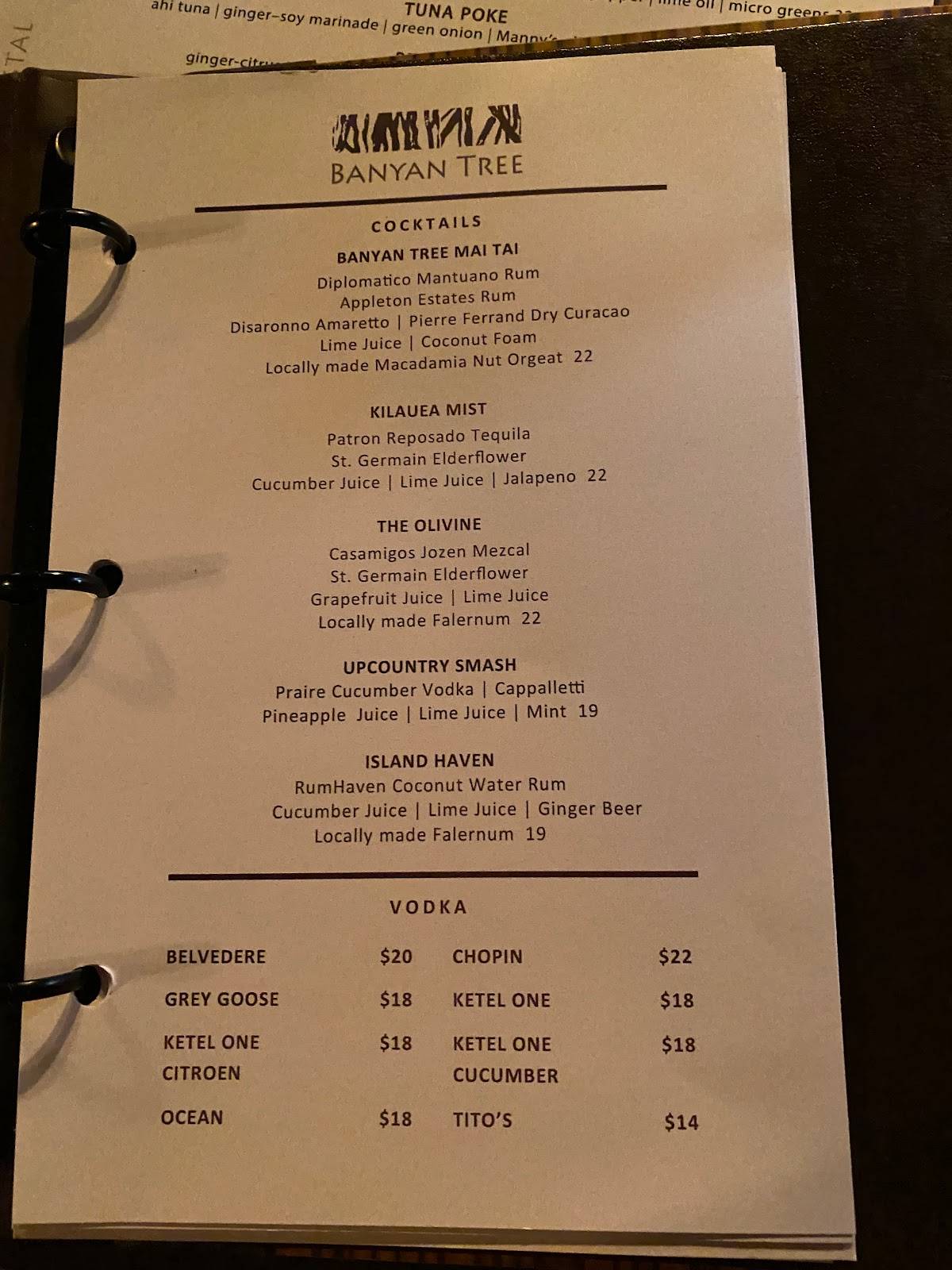 Menu at The Banyan Tree restaurant, Kapalua