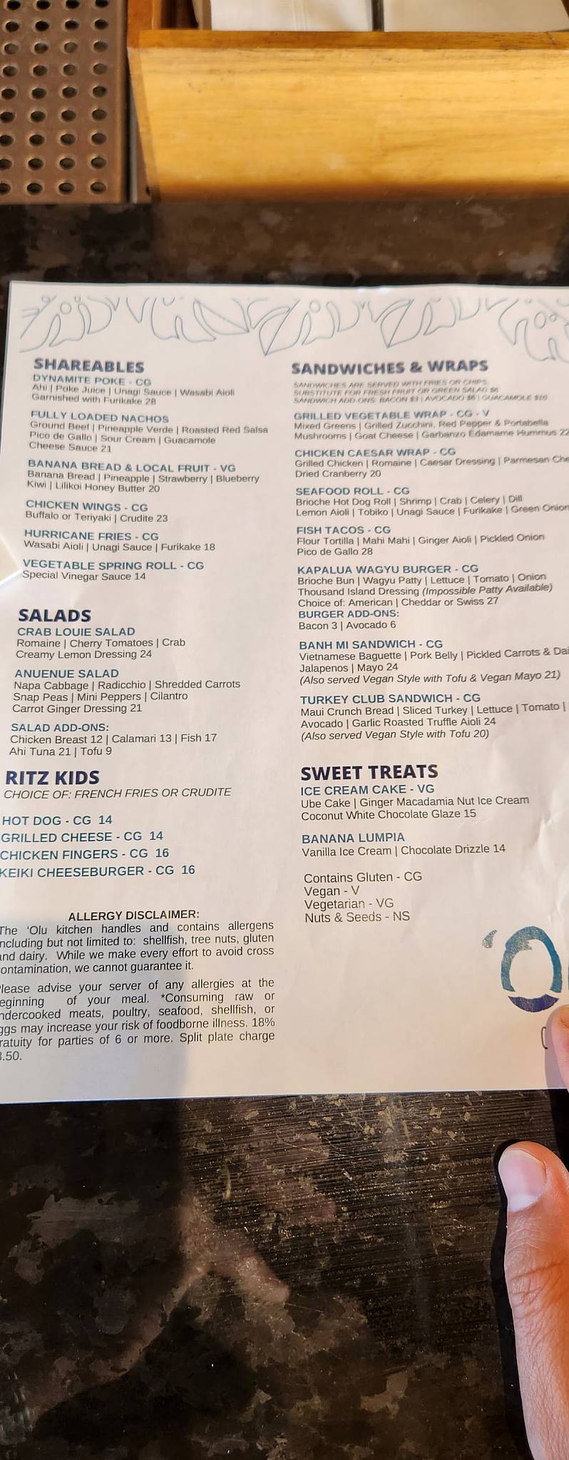Menu at The Banyan Tree restaurant, Kapalua