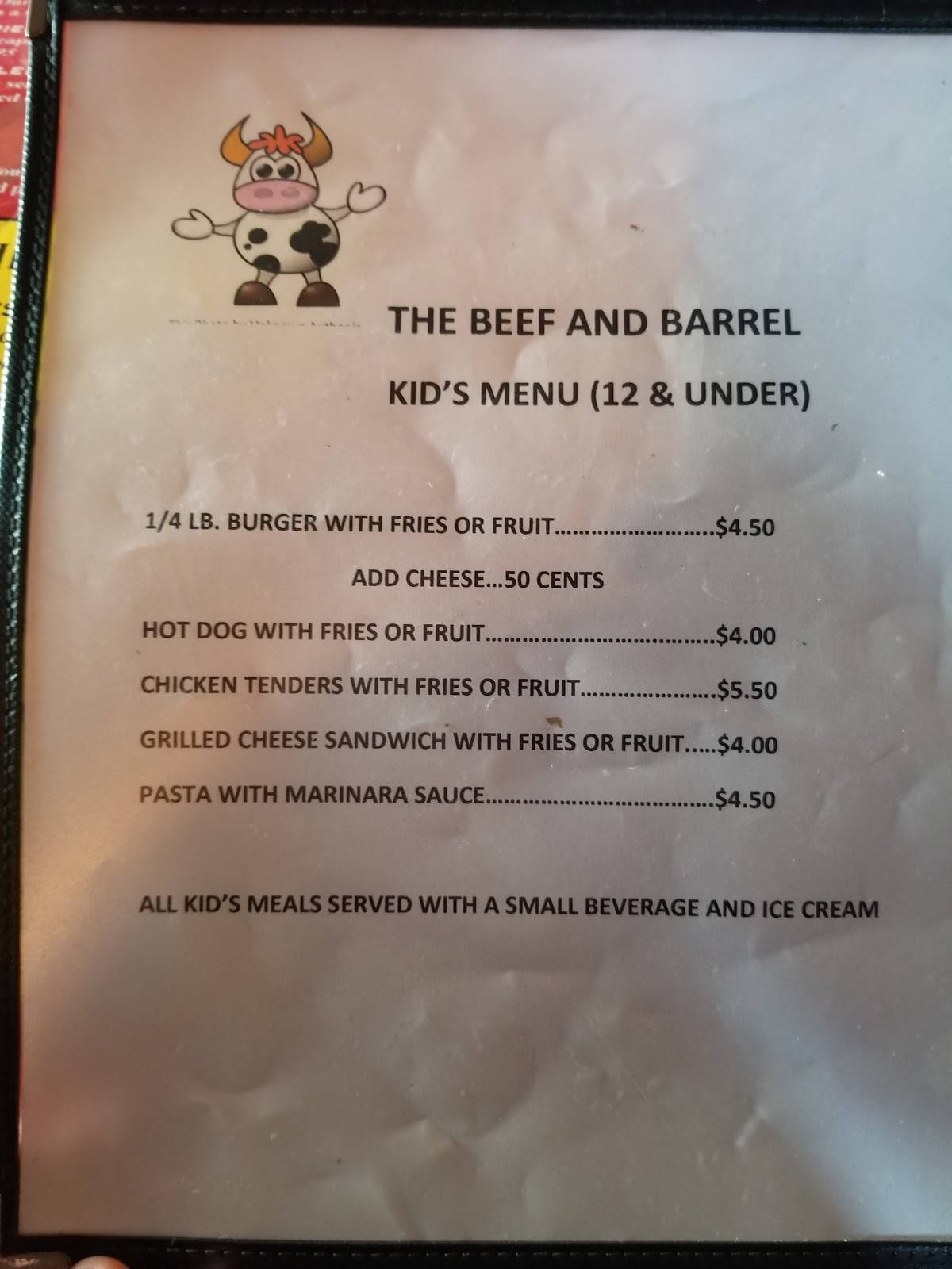 Menu at The Beef and Barrel Restaurant & Lounge, Crossville, West Ave