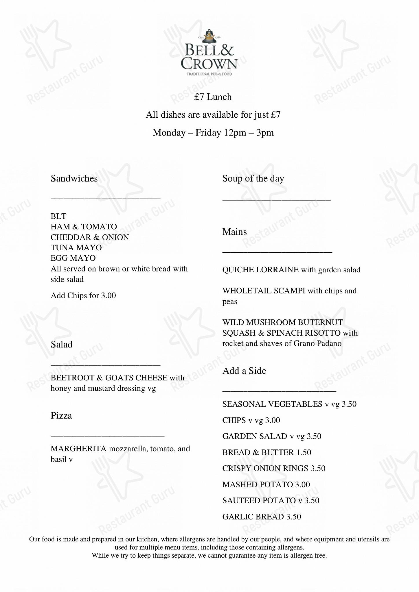 Menu at The Bell & Crown pub & bar, Salisbury