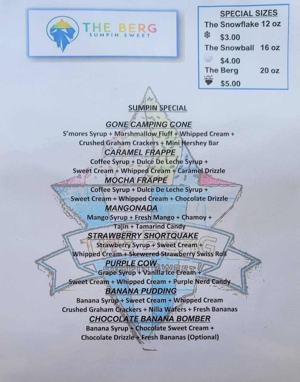 Menu at The Berg Sumpin Sweet desserts, Azle