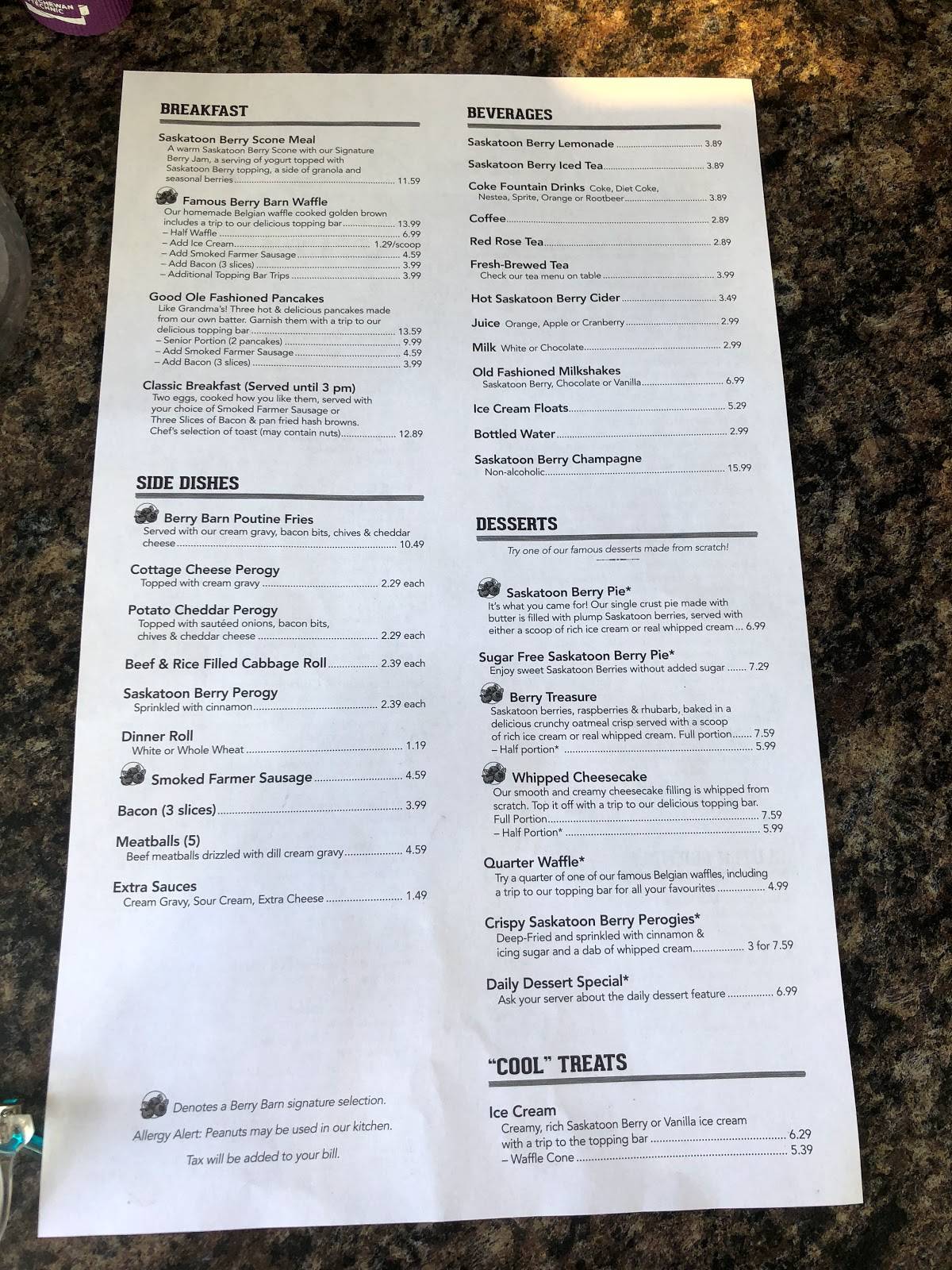 Menu at The Berry Barn, Saskatoon, 830 Valley Rd