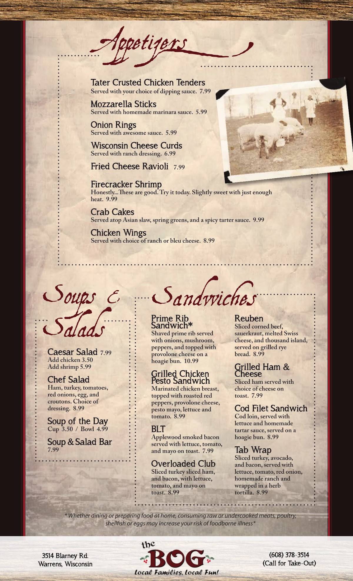 Menu at The Bog Restaurant, Warrens