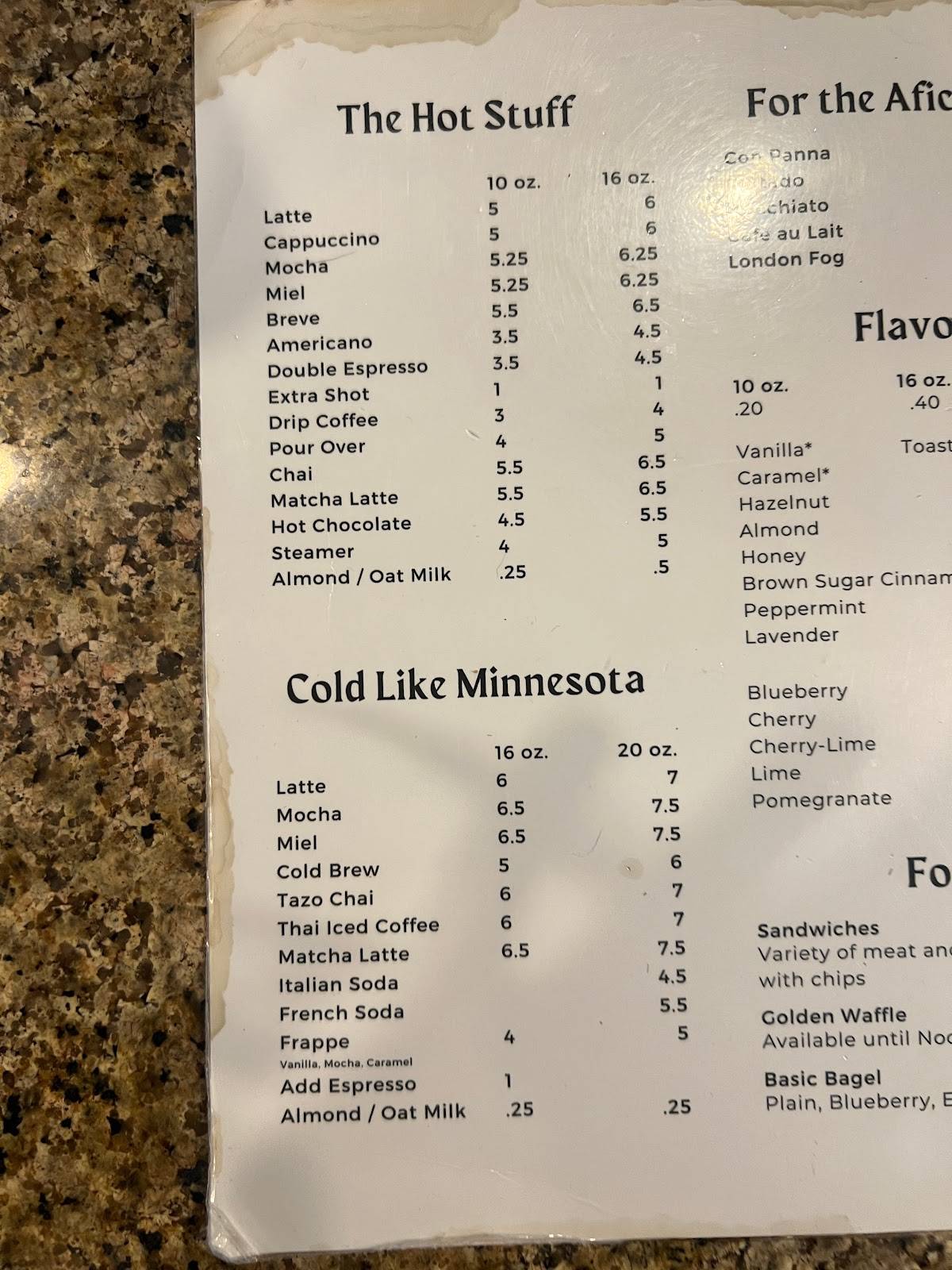Menu at The Boiler Room Coffee Company cafe, Minneapolis