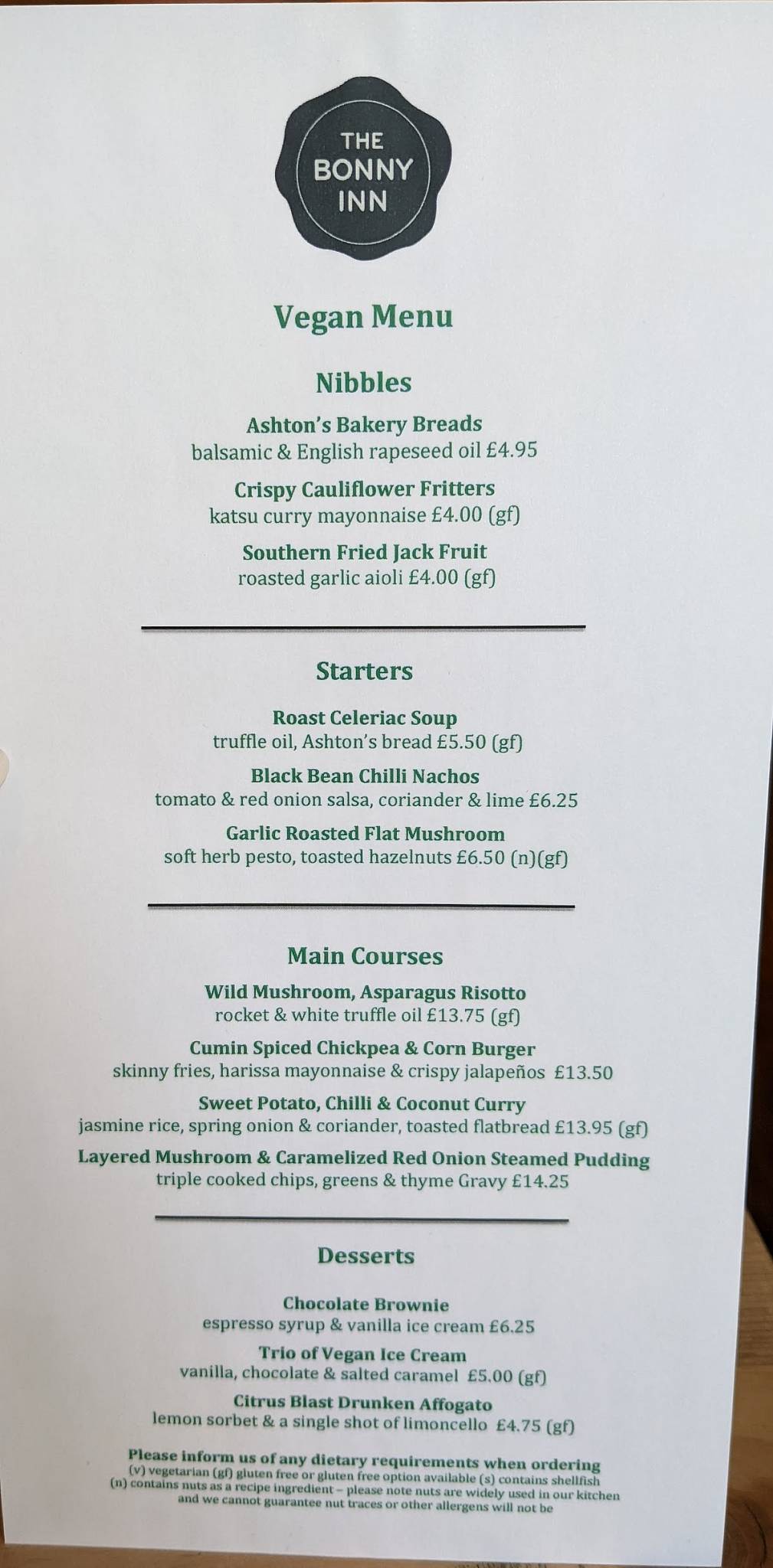 Menu at The Bonny Inn restaurant, Blackburn