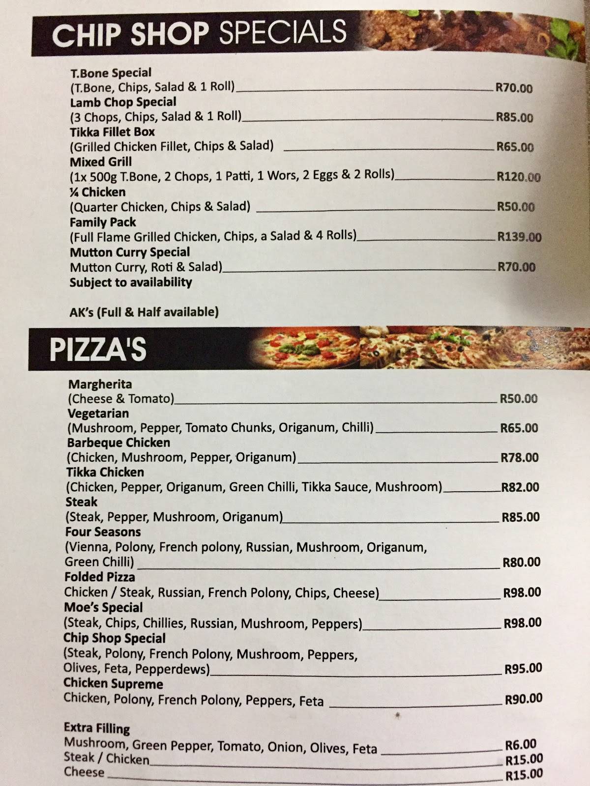Menu at The Chip Shop restaurant, Johannesburg
