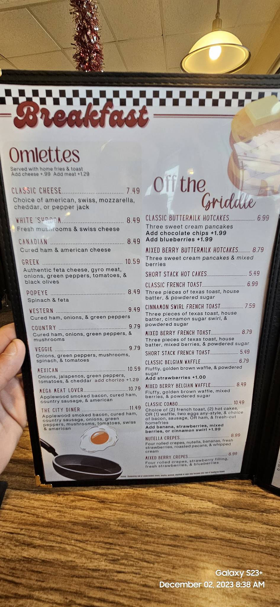 Menu at The City Diner restaurant, Cleveland