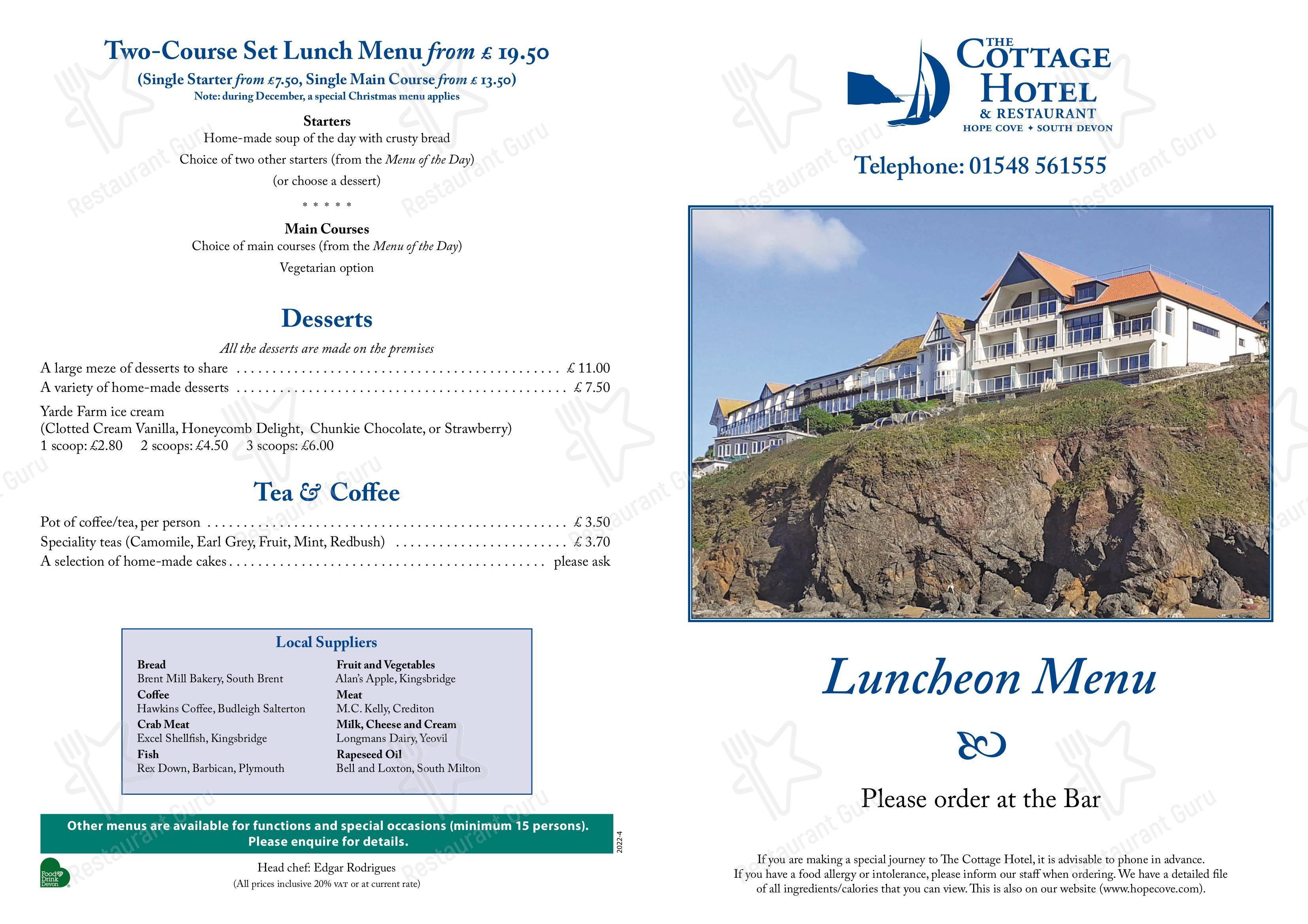 Menu at The Cottage Hotel Restaurant, Hope Cove