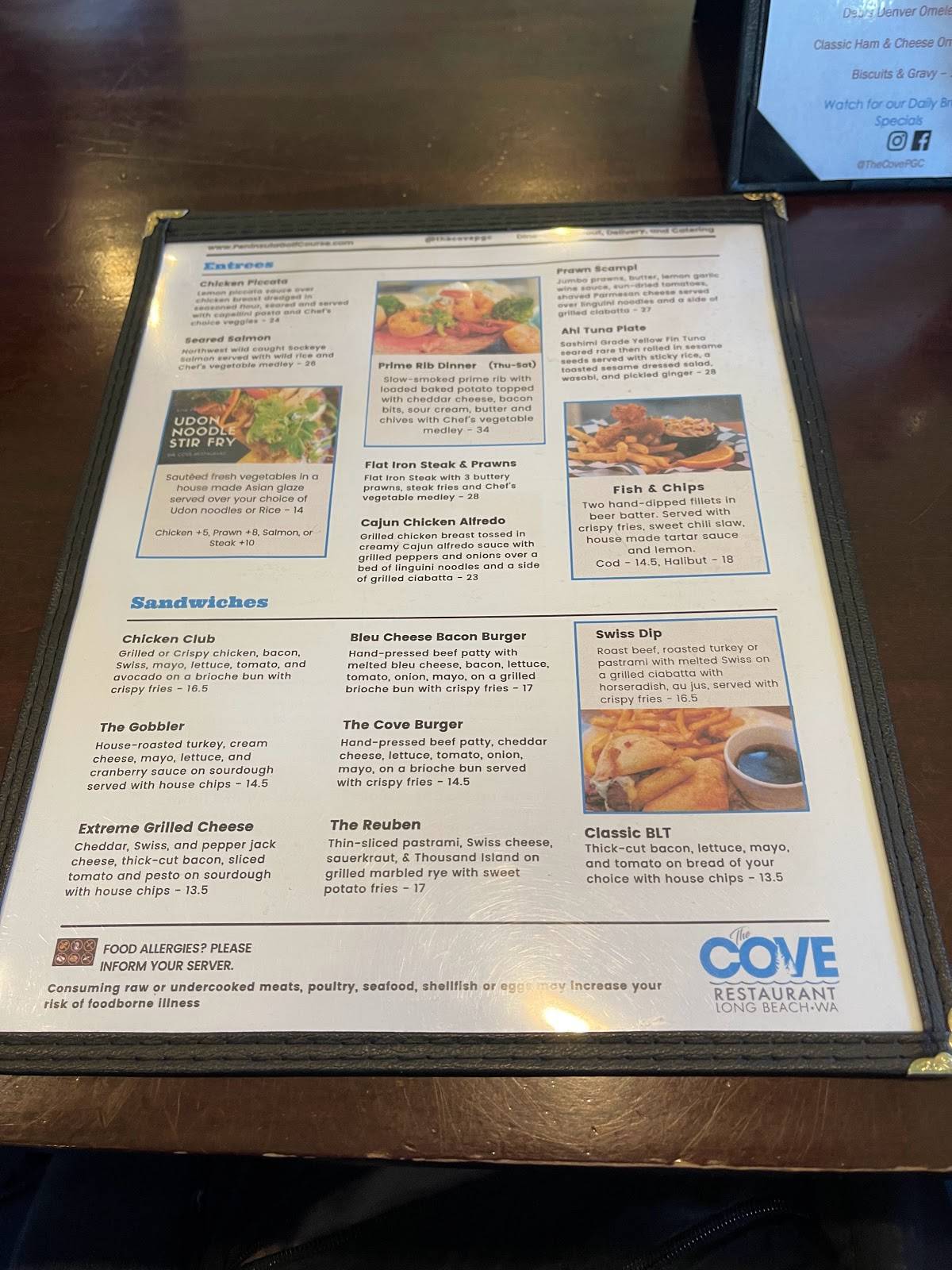 Menu at The Cove Restaurant, Long Beach