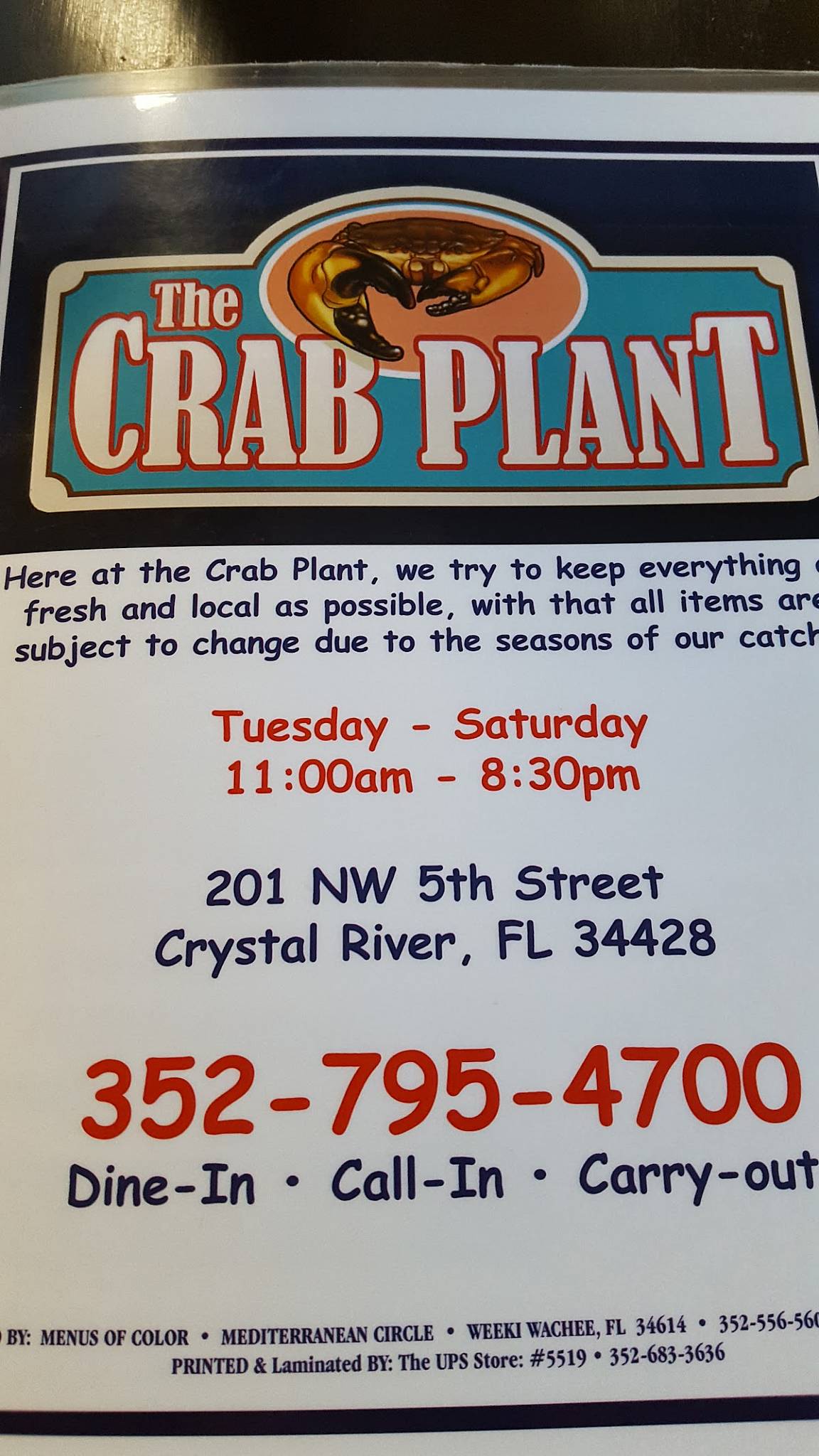 Menu at The Crab Plant restaurant, Crystal River