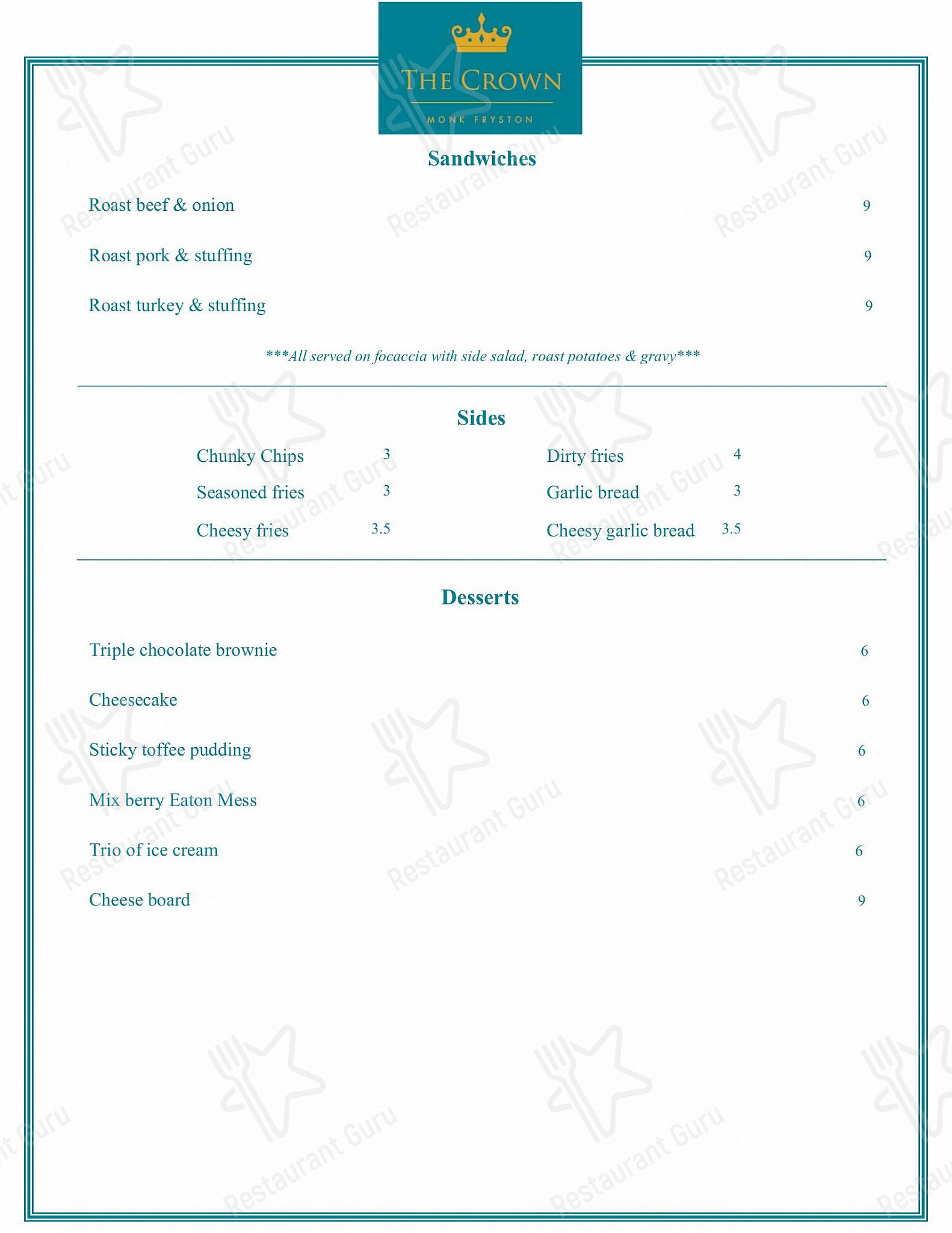 Menu at The Crown Inn, Monk Fryston pub & bar, Sherburn in Elmet