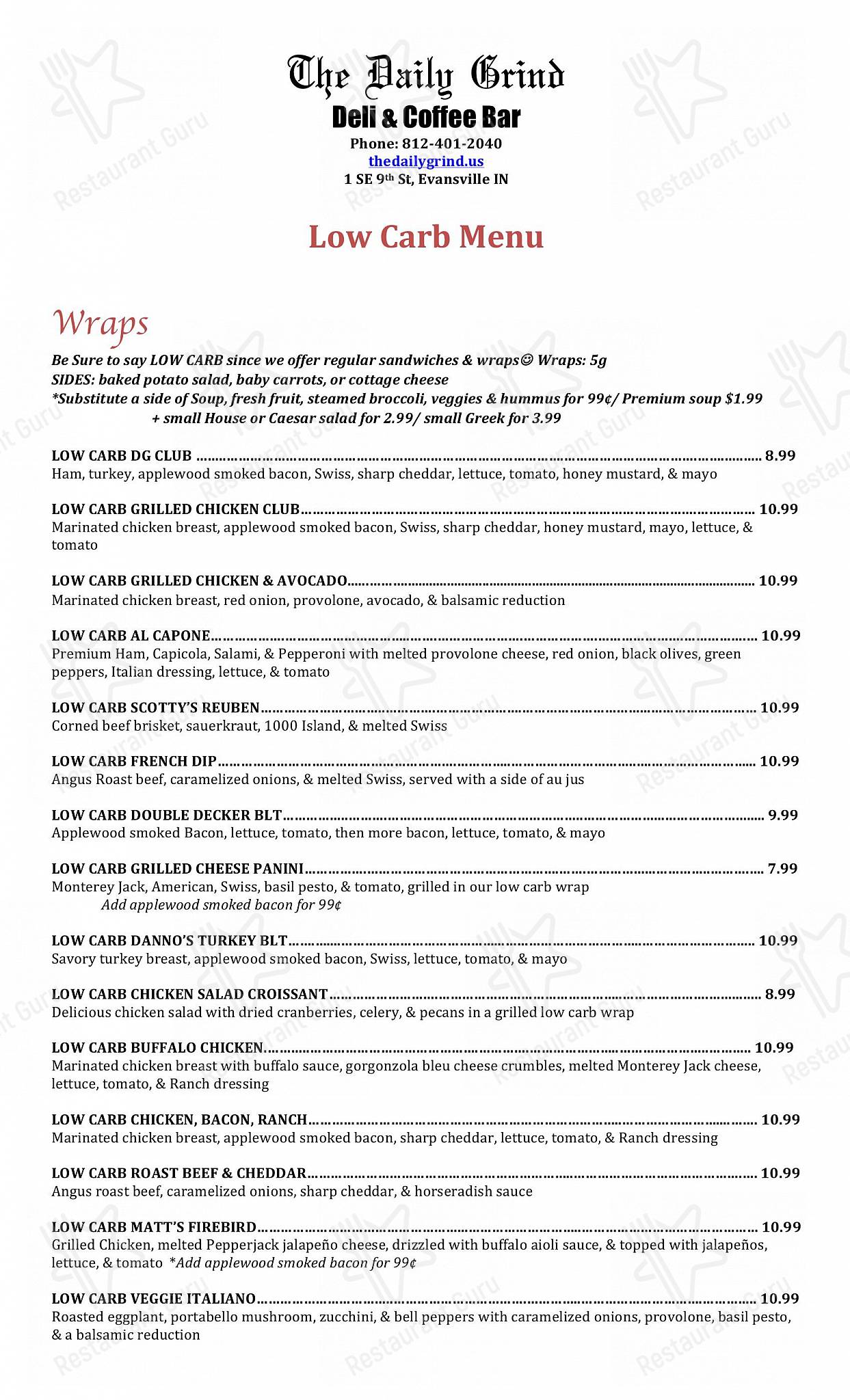 Menu at The Daily Grind cafe, Evansville