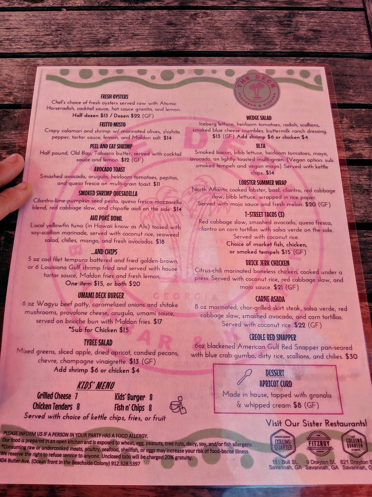 Menu at The Deck Beach Bar and Kitchen, Tybee Island