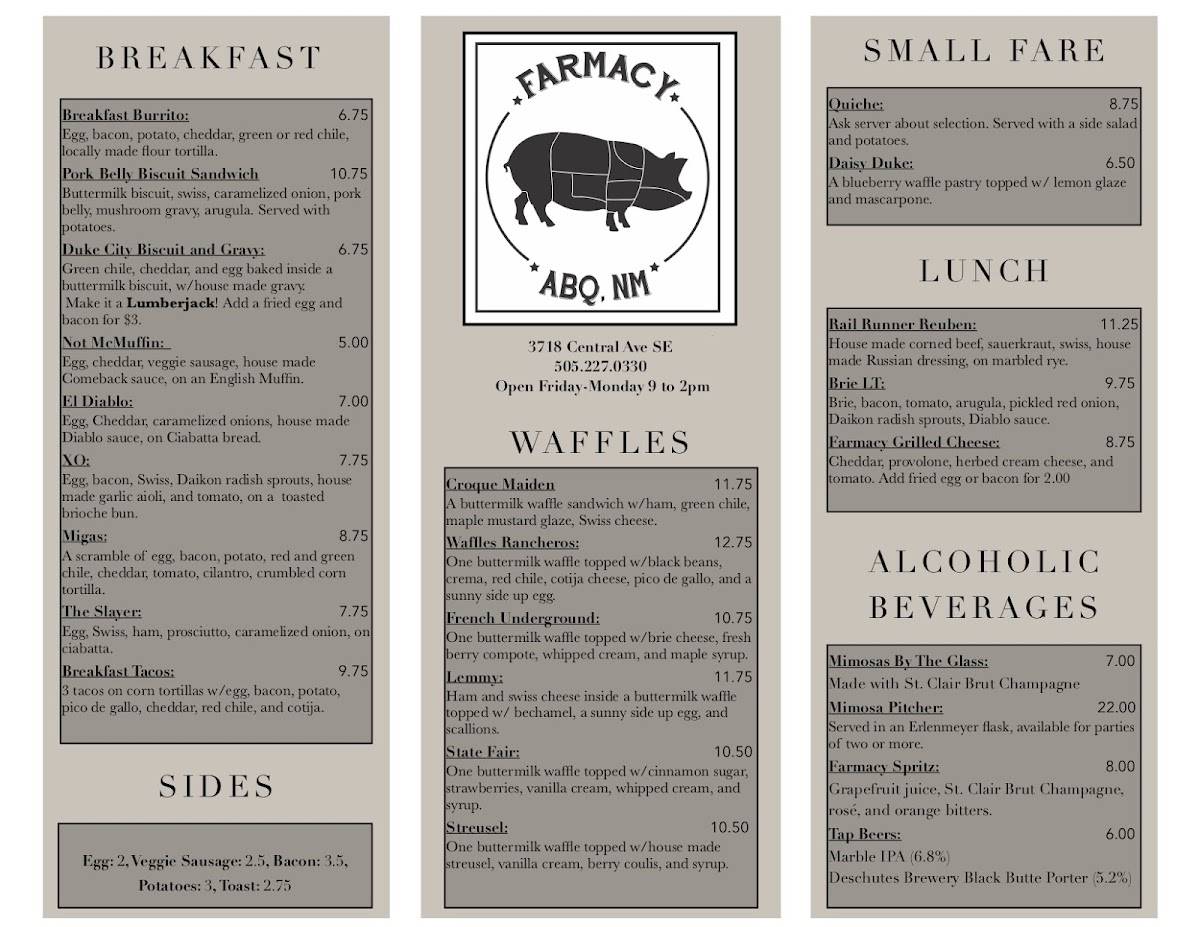 Menu at The Farmacy restaurant, Albuquerque, Central Ave SE
