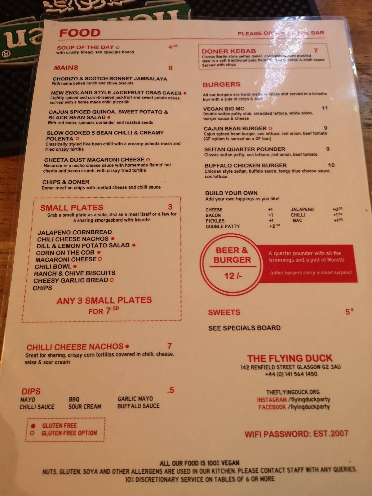 Menu at The Flying Duck pub & bar, Glasgow