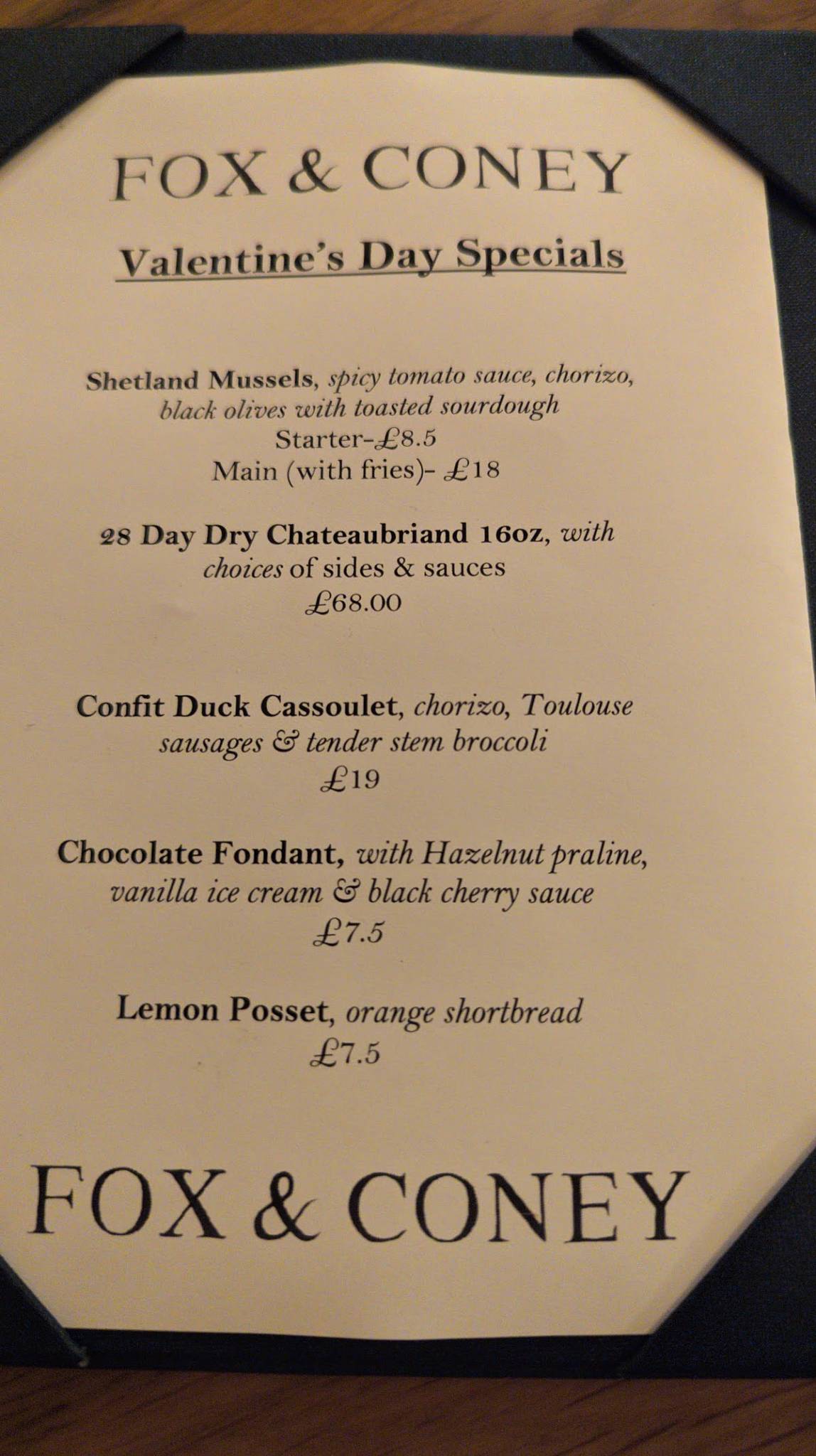 Menu at The Fox and Coney Inn restaurant, Brough