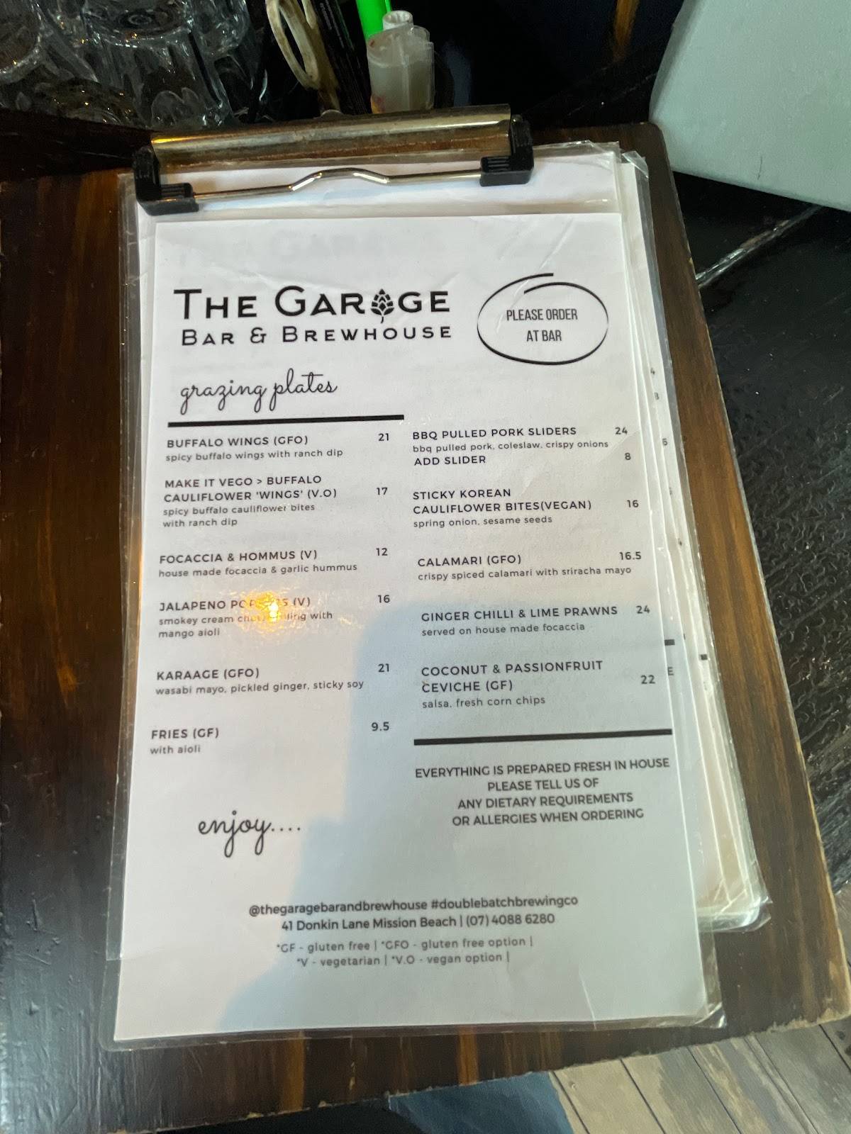 Menu at The Garage Bar & Brewhouse, Mission Beach