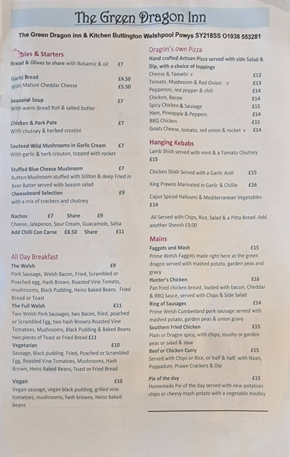 Menu at The Green Dragon Inn & Kitchen restaurant, Welshpool, The Green ...