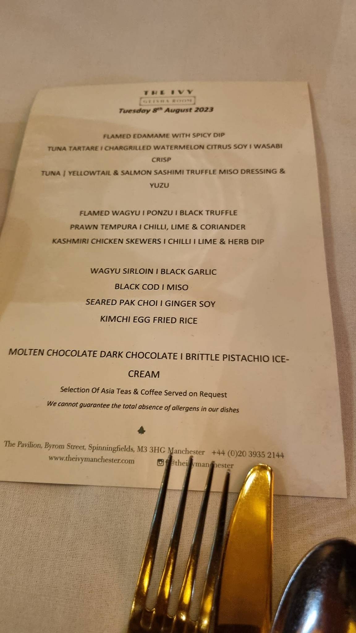 Menu at The Ivy Spinningfields Manchester restaurant, Manchester