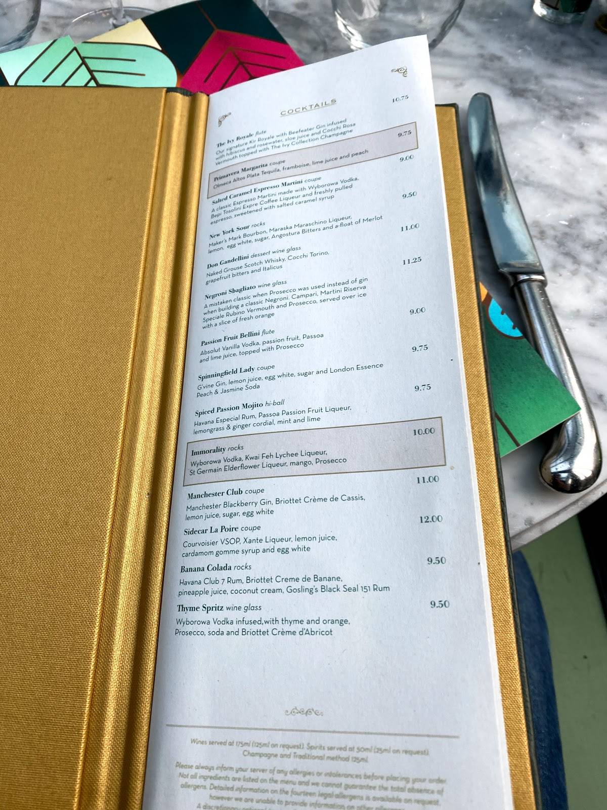 Menu at The Ivy Spinningfields Manchester restaurant, Manchester