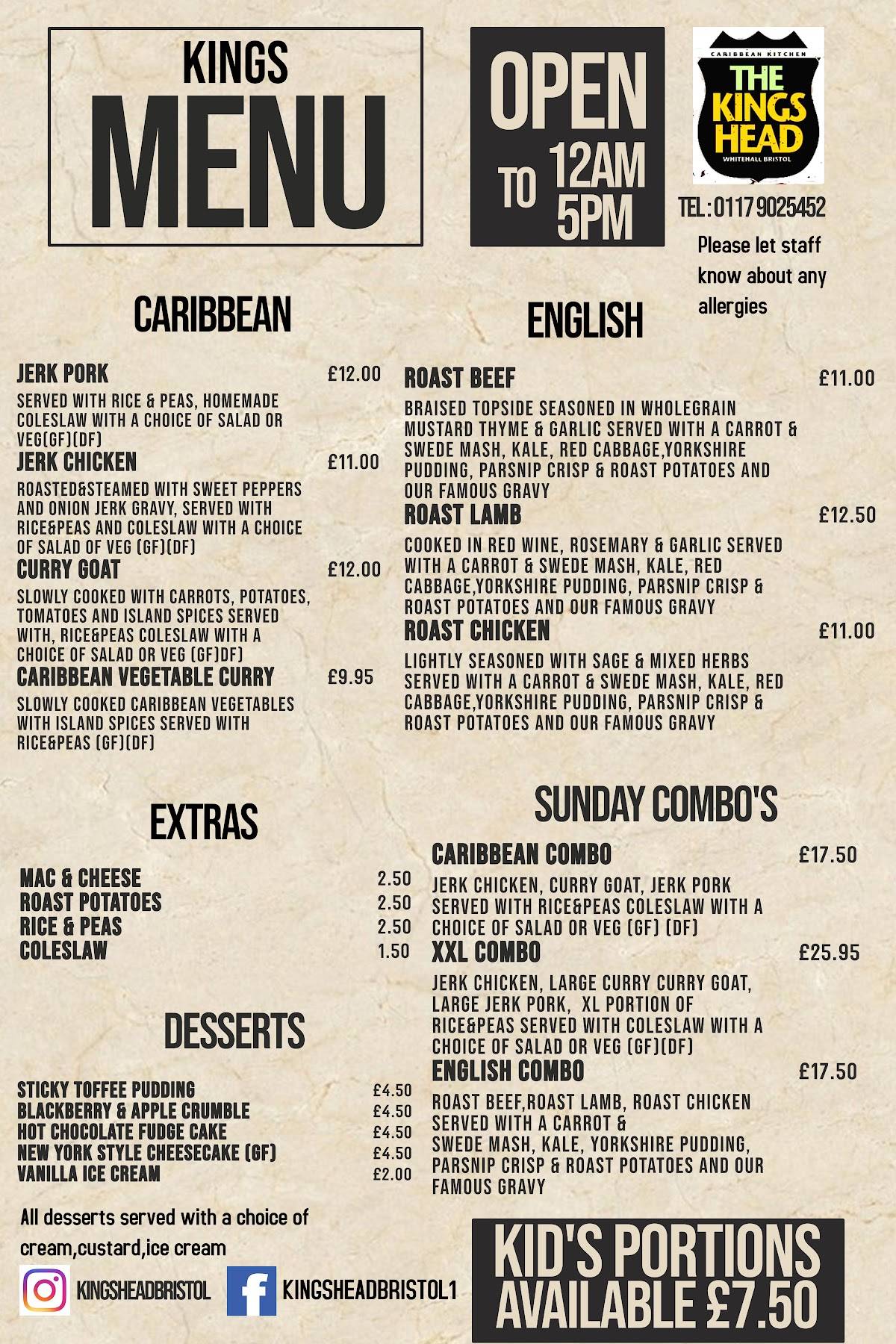 Menu at The Kings Head pub & bar, Bristol, Kings Head