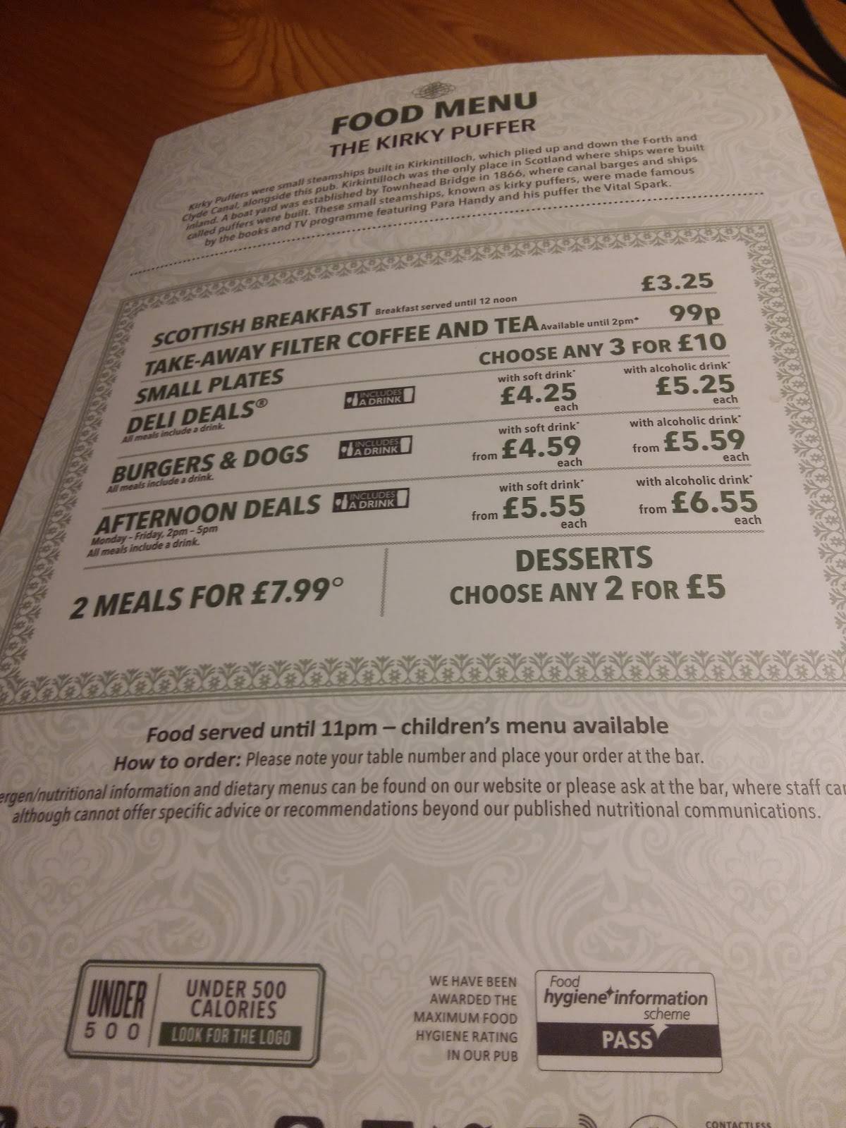 Menu at The Kirky Puffer - JD Wetherspoon pub & bar, Glasgow