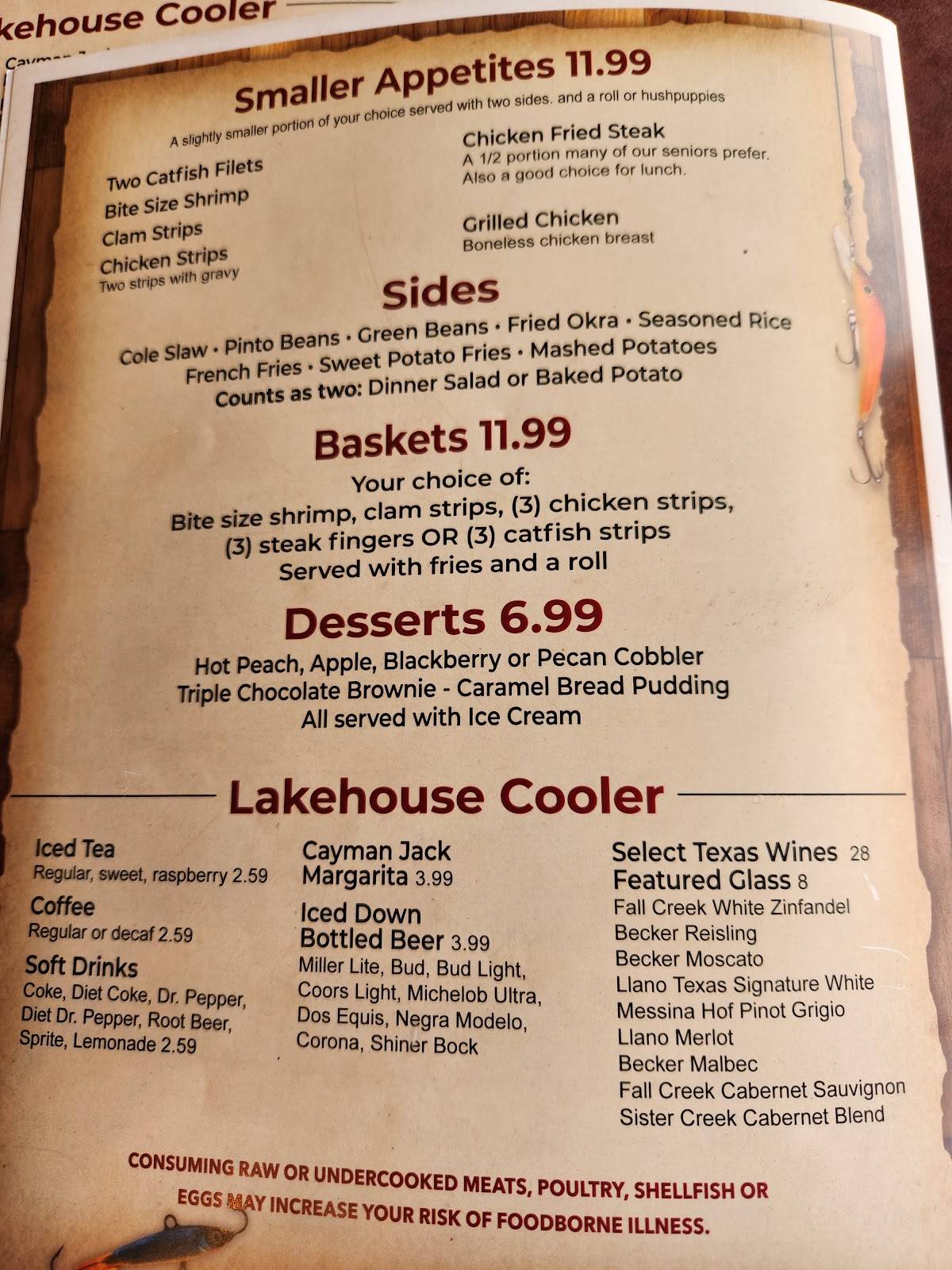Menu at The Lakehouse restaurant, Kerrville, Junction Hwy