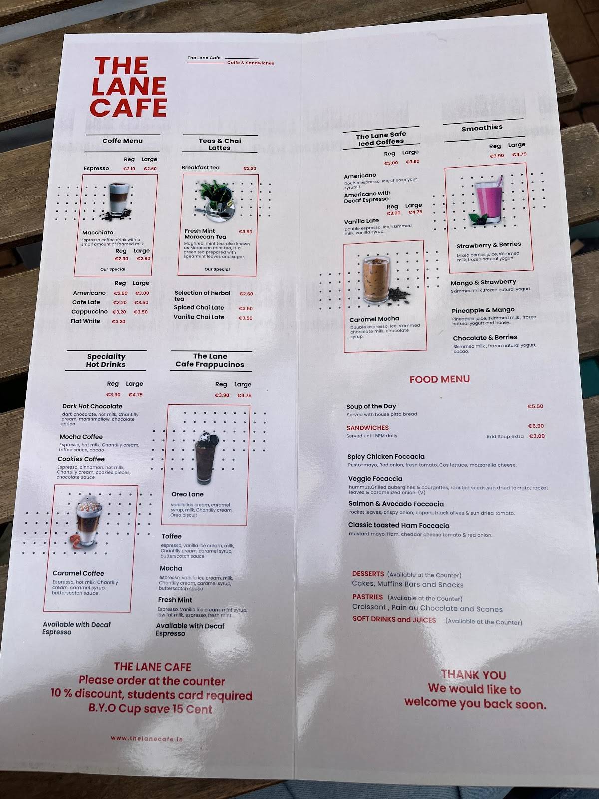 Menu at The Lane Cafe, Galway