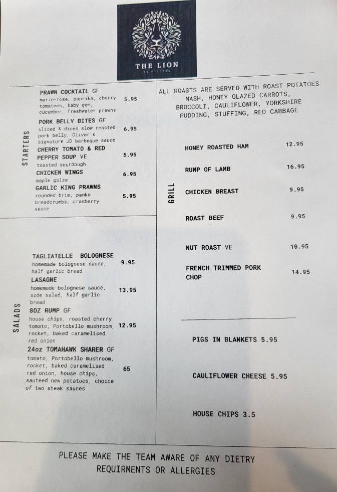 Menu at The Lion by Olivers restaurant, Brinsley