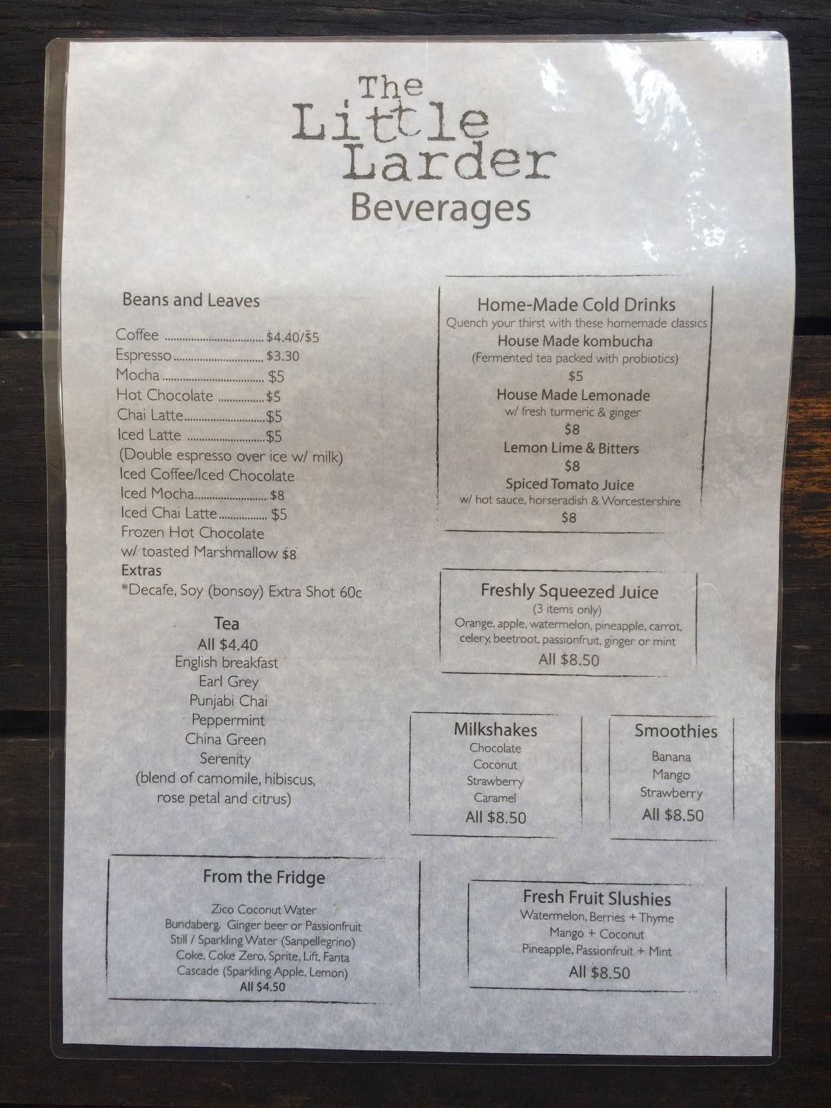 Menu at The Little Larder cafe, Port Douglas