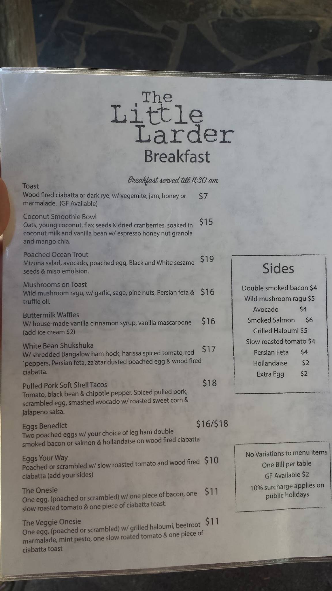Menu at The Little Larder cafe, Port Douglas