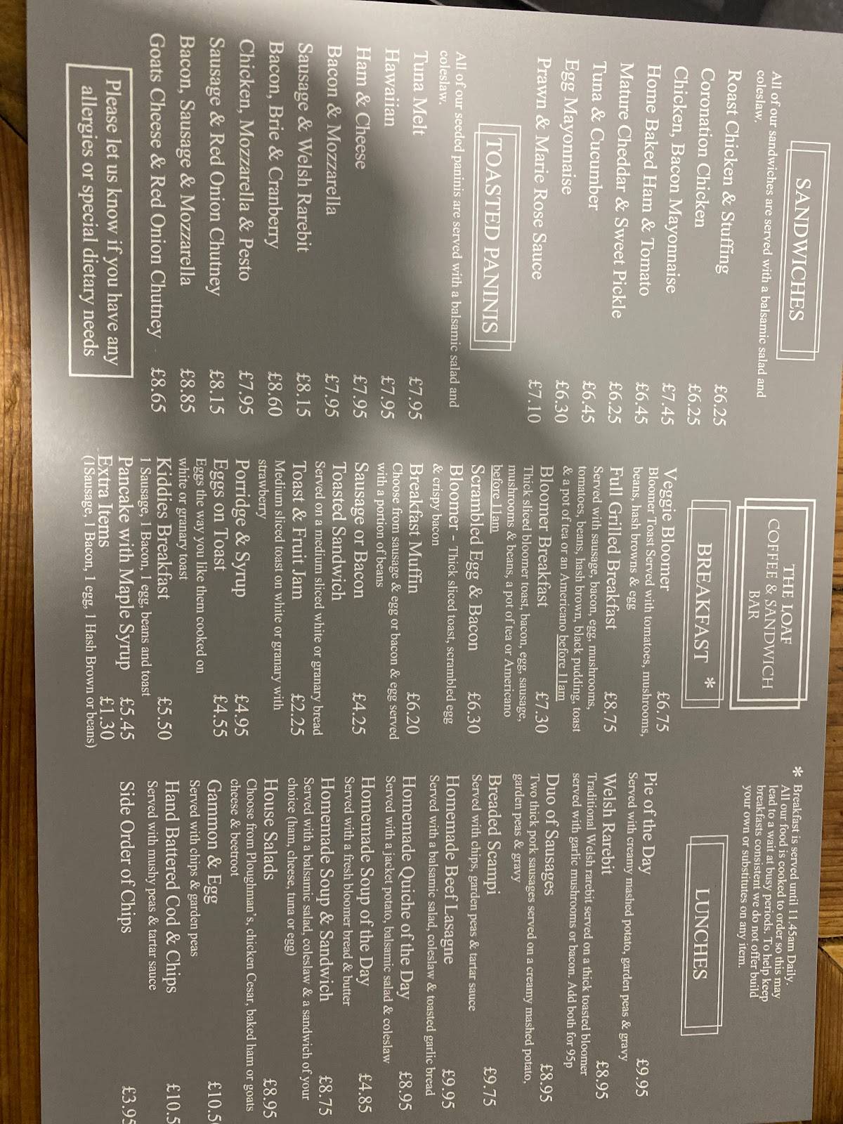 Menu at The Loaf Coffee & Sandwich Bar, Llandudno