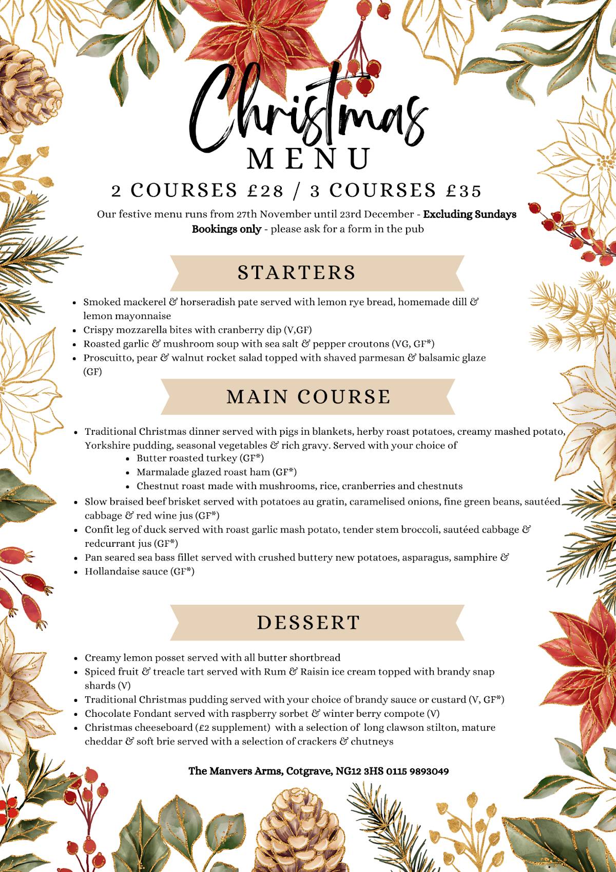 Menu at The Manvers Arms at Cotgrave pub & bar, Nottingham, The Cross