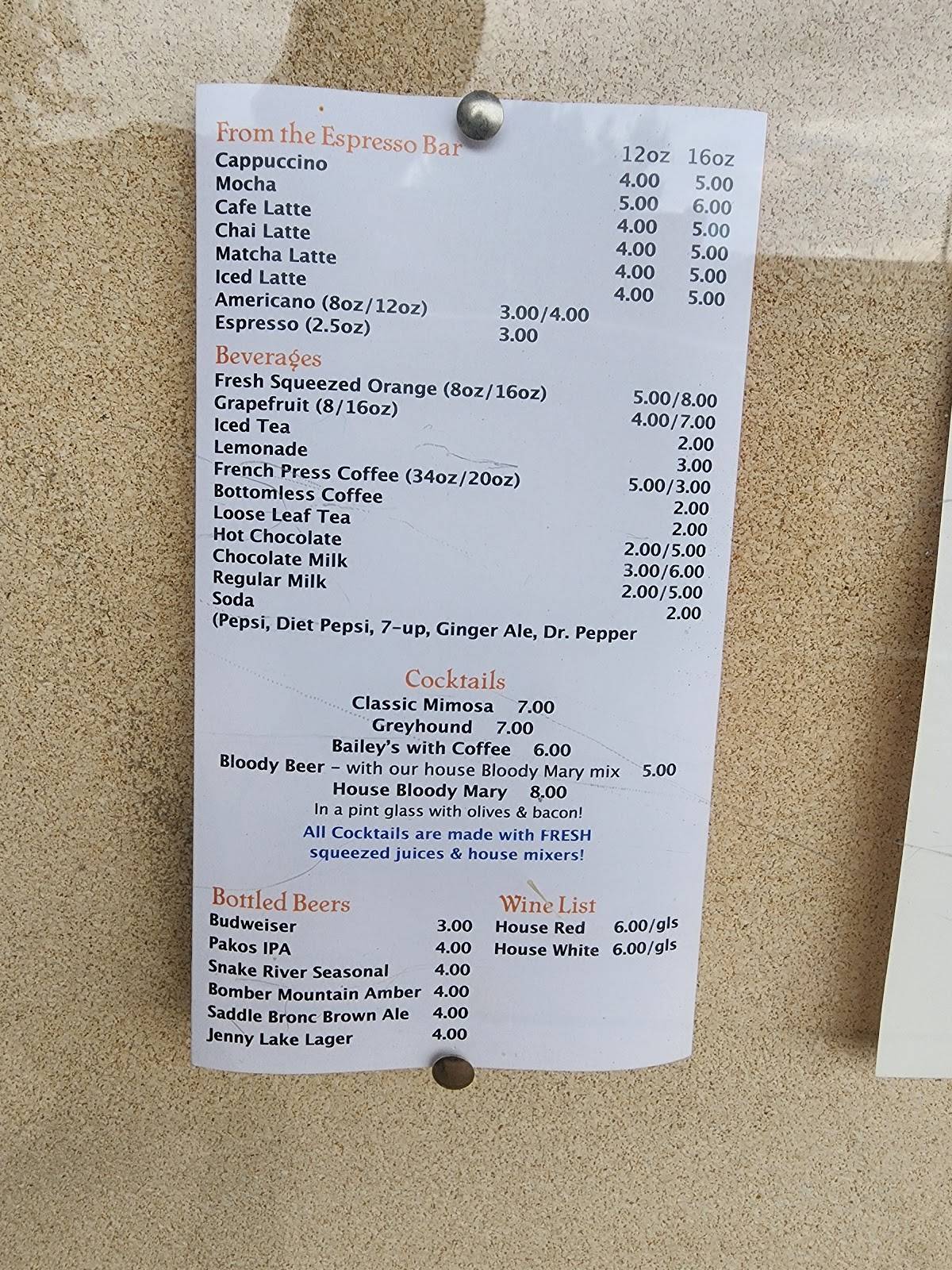 Menu at The Middle Fork restaurant, Lander