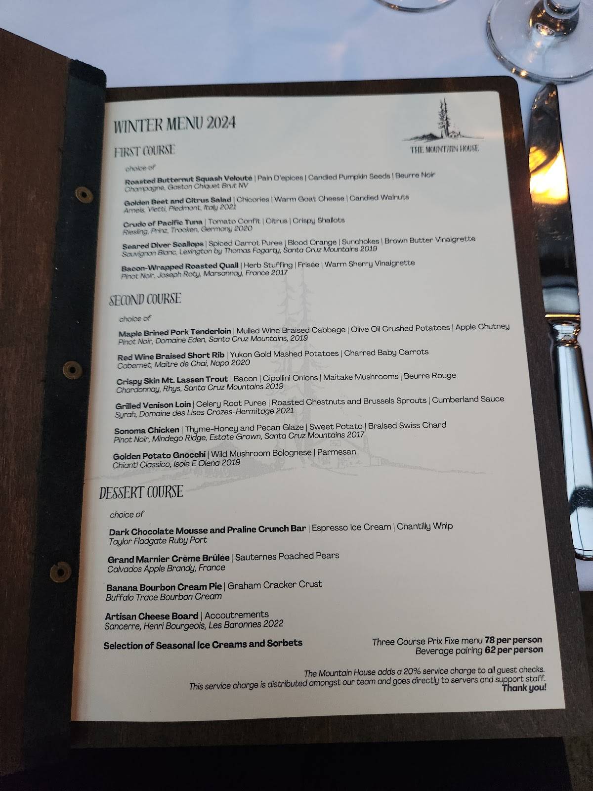 Menu at The Mountain House steakhouse, Woodside
