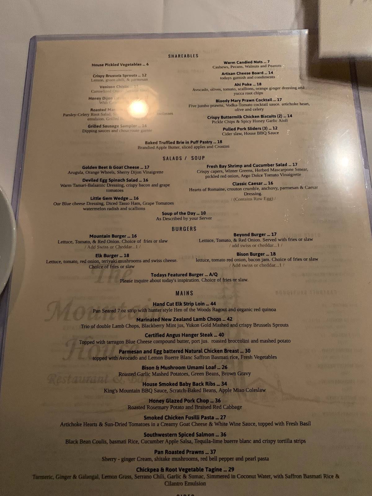 Menu at The Mountain House steakhouse, Woodside