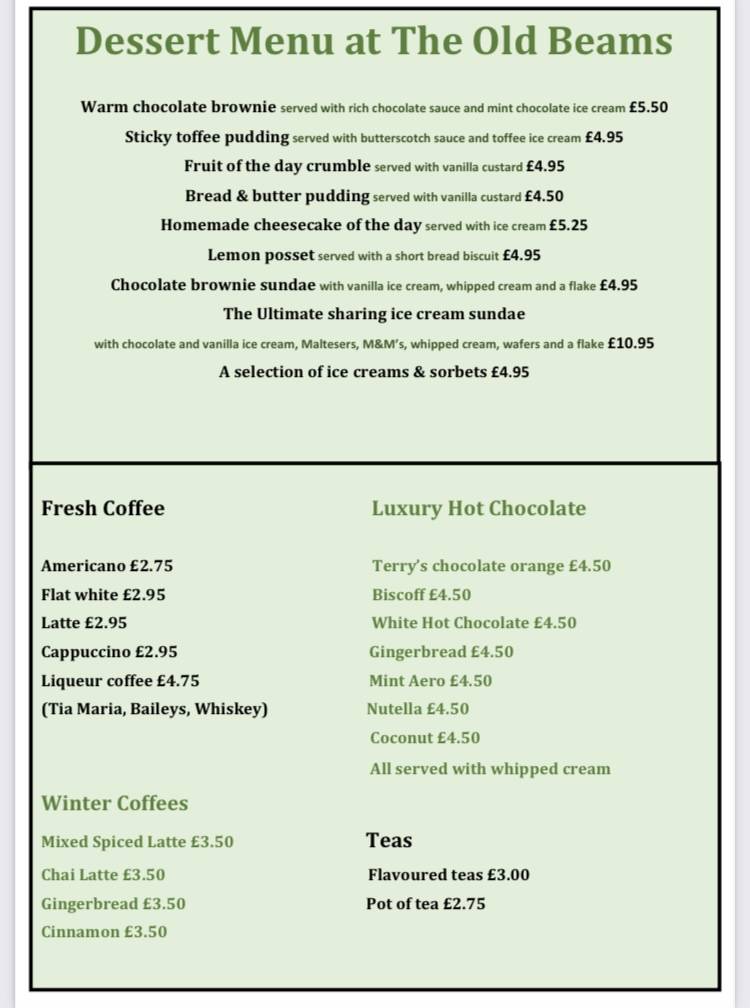 Menu at The Old Beams pub & bar, Stourport-on-Severn, Dunley Rd