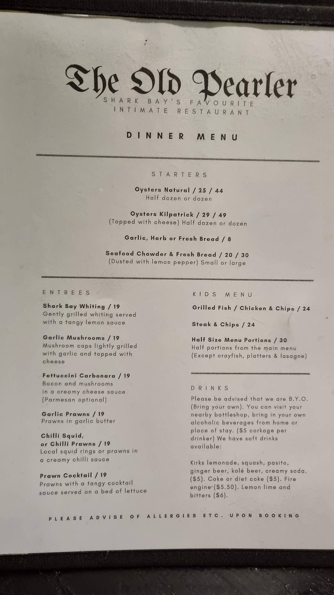 Menu at The Old Pearler Restaurant, Denham