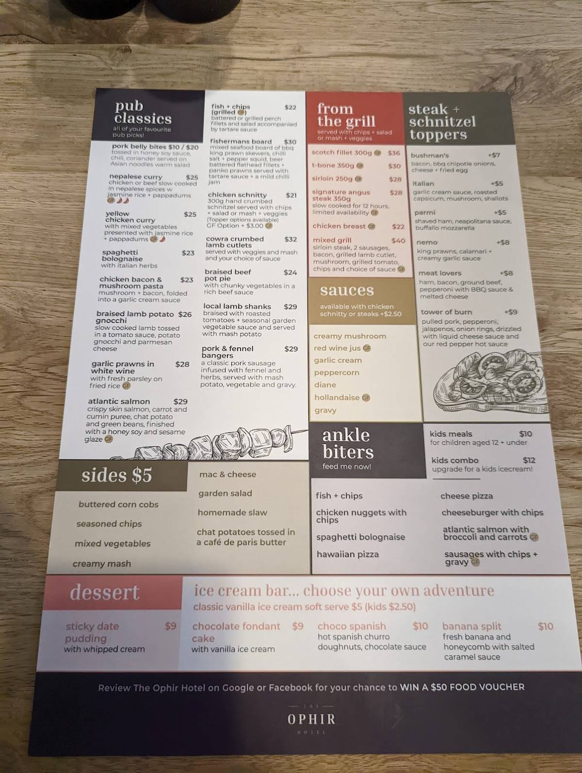 Menu at The Ophir Hotel restaurant, Orange