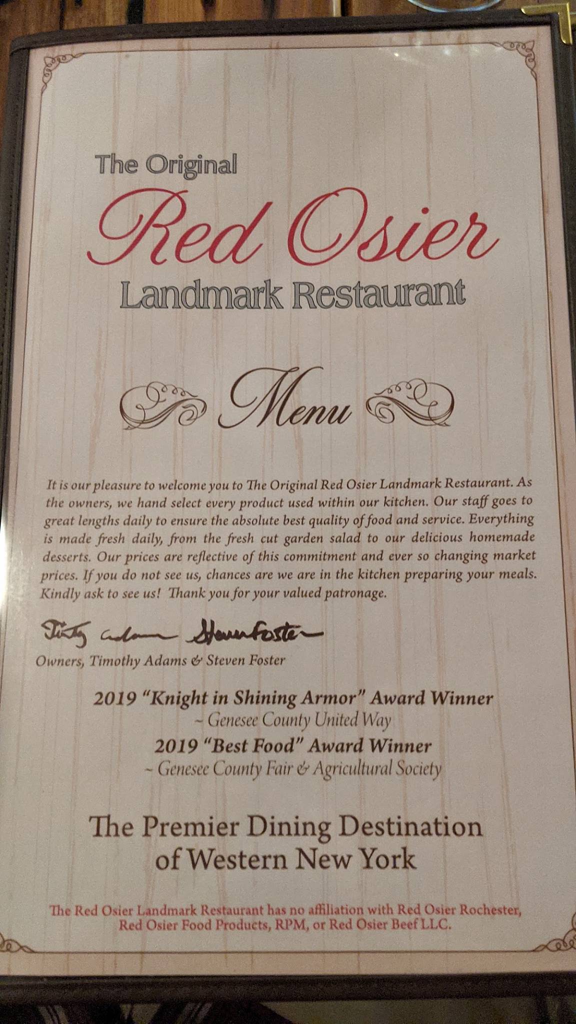 Menu at The "Original" Red Osier Landmark Restaurant, Stafford