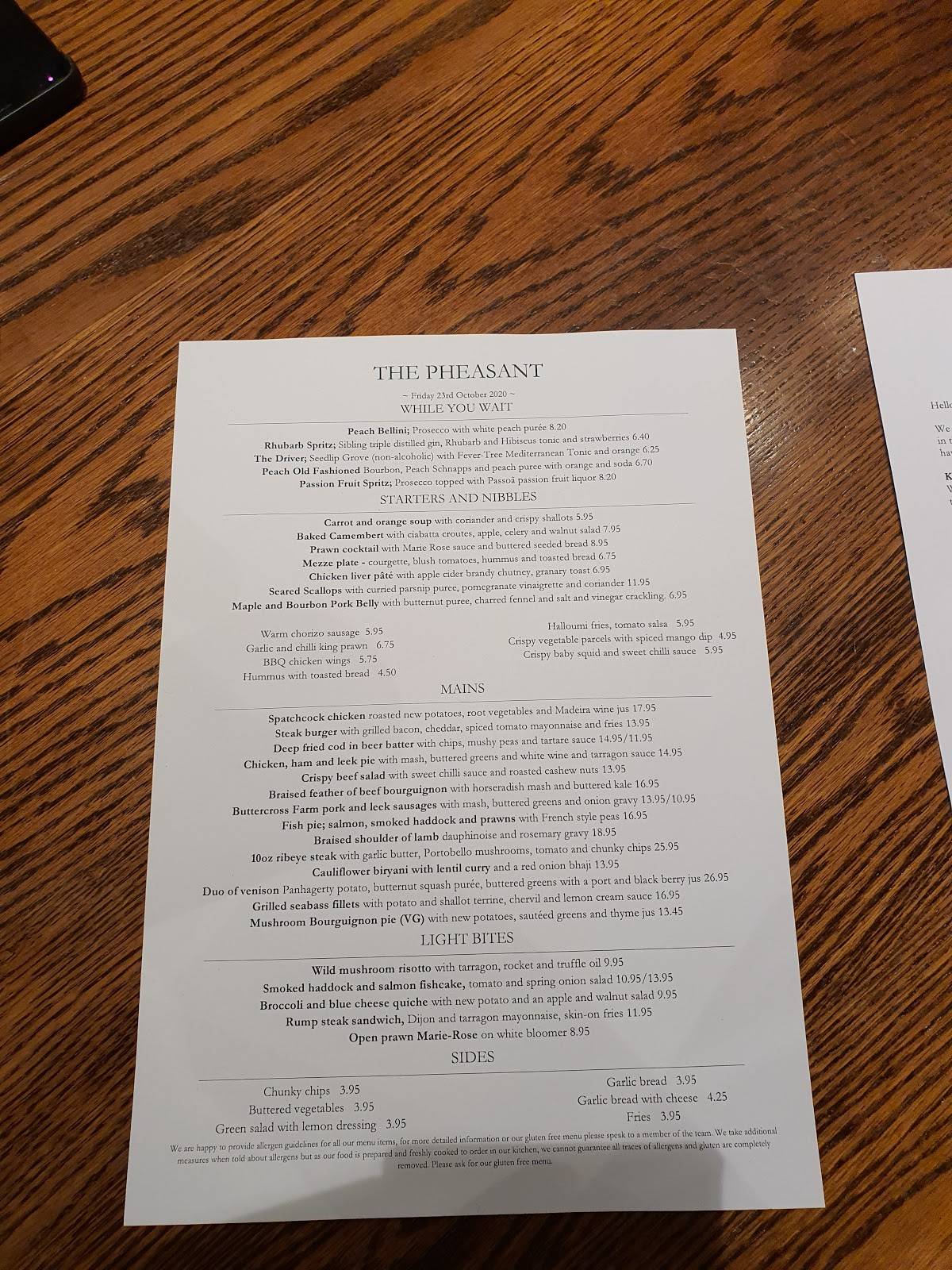 Menu at The Pheasant at Buckland pub & bar, Betchworth