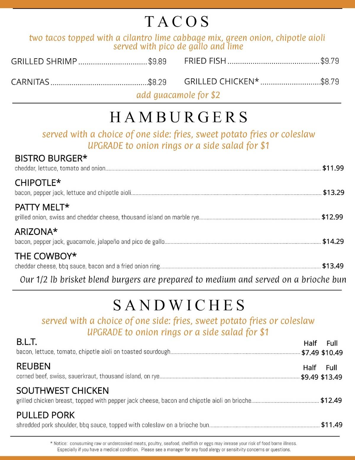 Menu at The Prospector restaurant, Gold Canyon