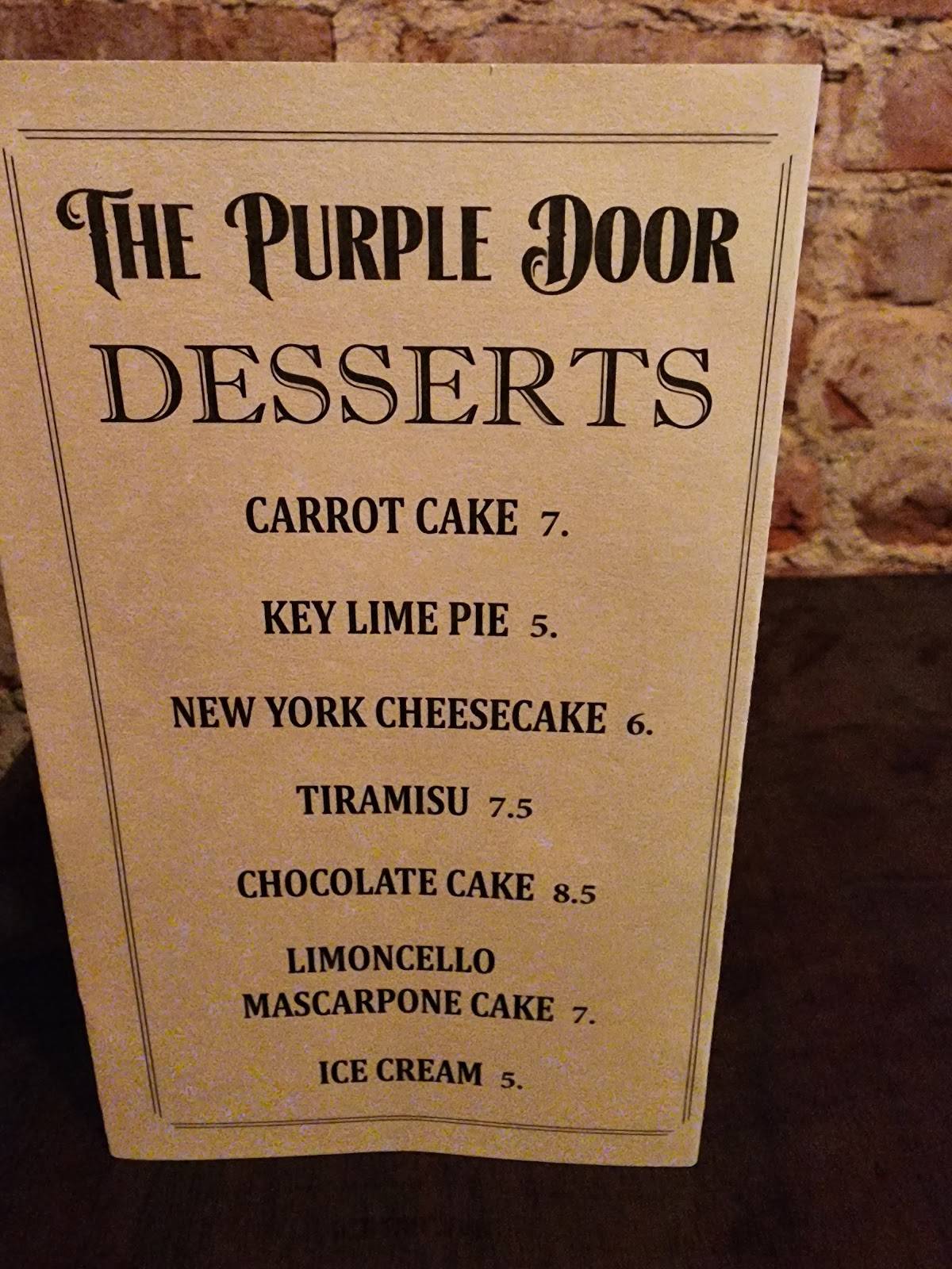 Menu at The Purple Door restaurant, Harlan