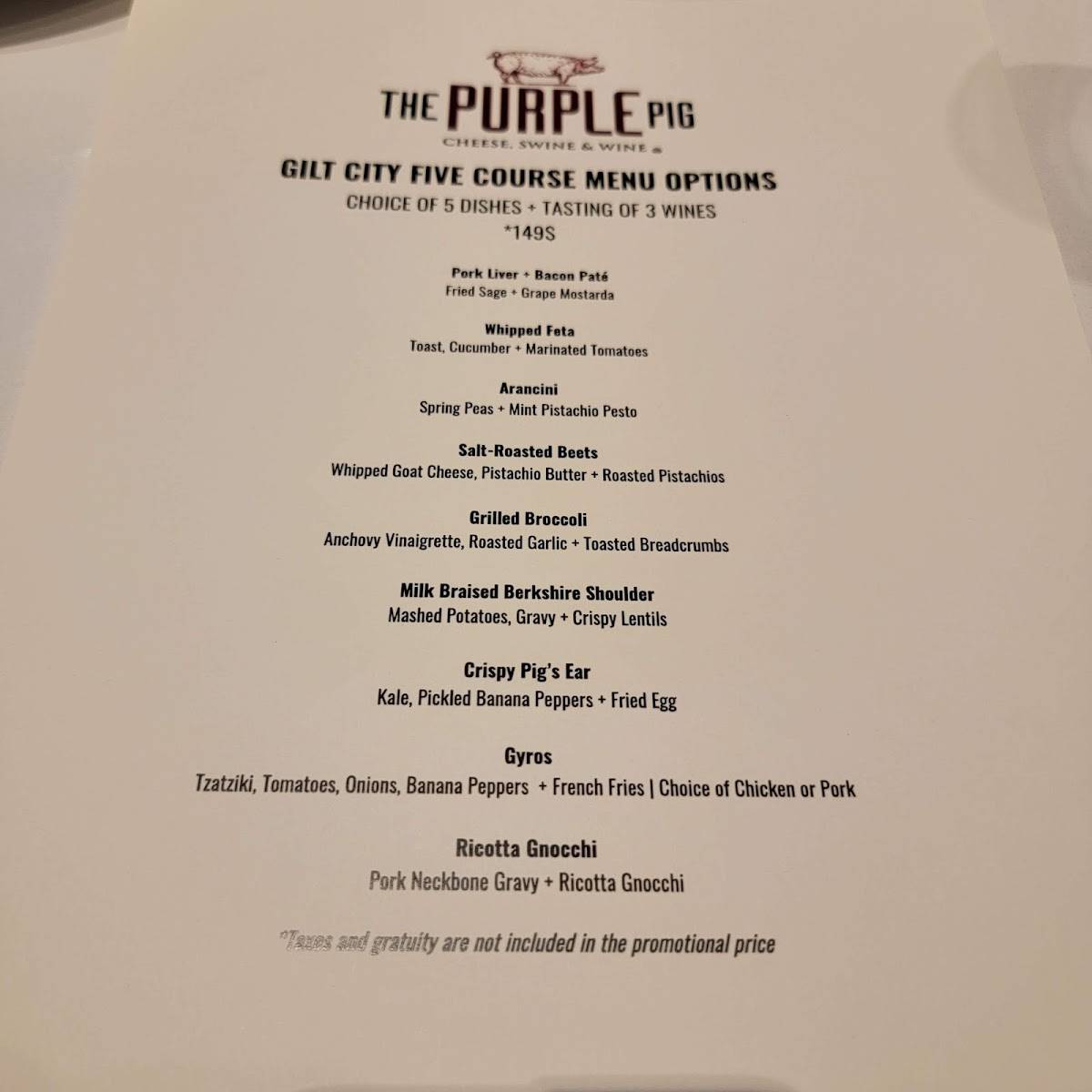 Menu at The Purple Pig Restaurant, Chicago, 444 Michigan Ave