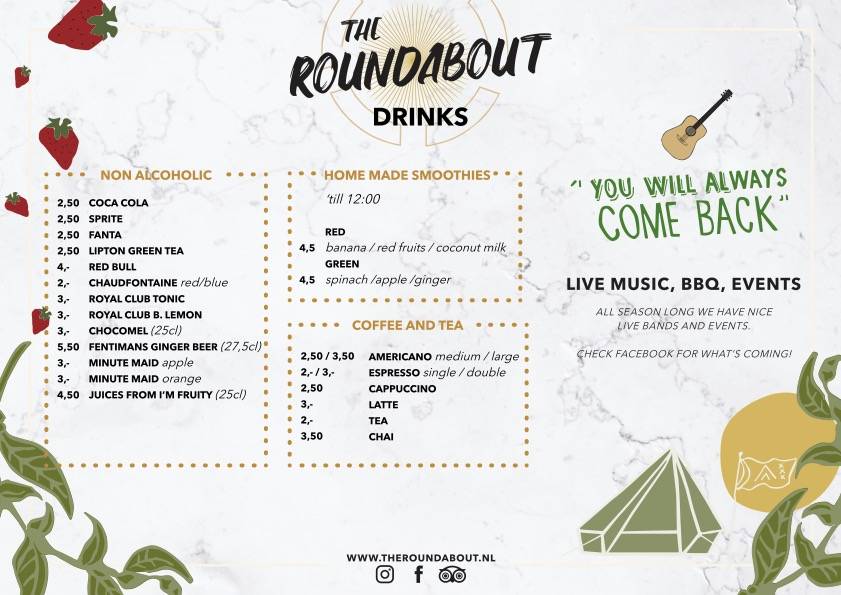 Menu at The Roundabout Amsterdam at Camping Vliegenbos, Amsterdam
