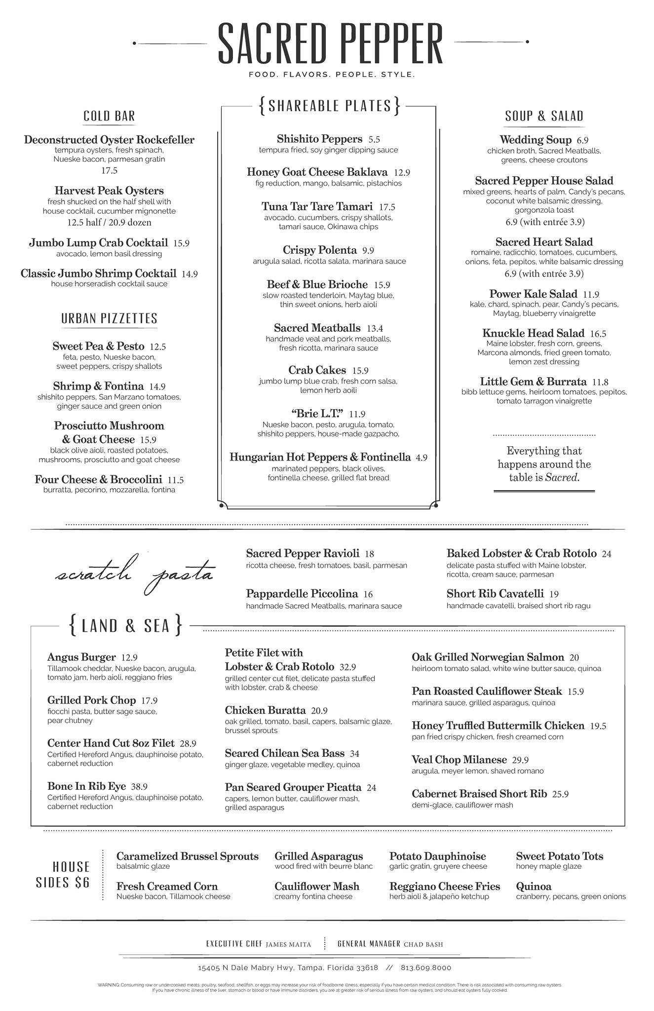 Menu at The Sacred Pepper restaurant, Tampa