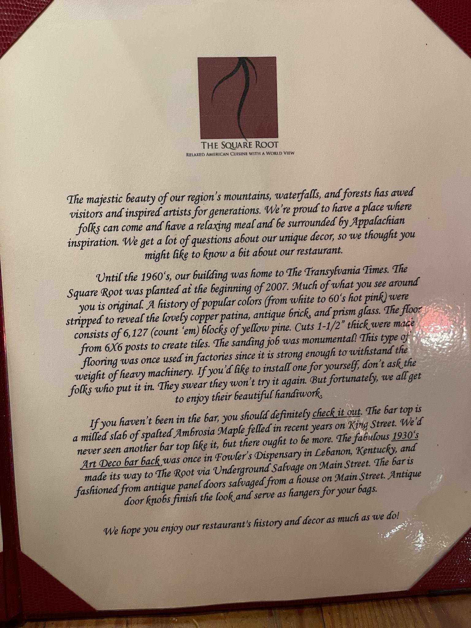 Menu at The Square Root restaurant, Brevard